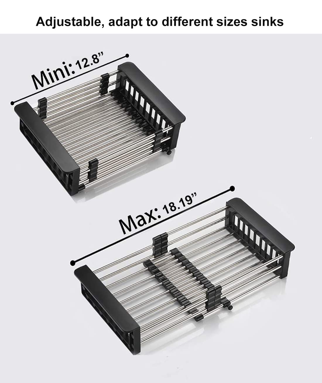 GULICA Dish Drying Rack, Adjustable Stainless Steel Drainer Basket Drain Tray for Dish Vegetable Fruit, On Counter Dish Rack or in Sink Over Sink Kitchen Basket Dish Drying Rack Grey