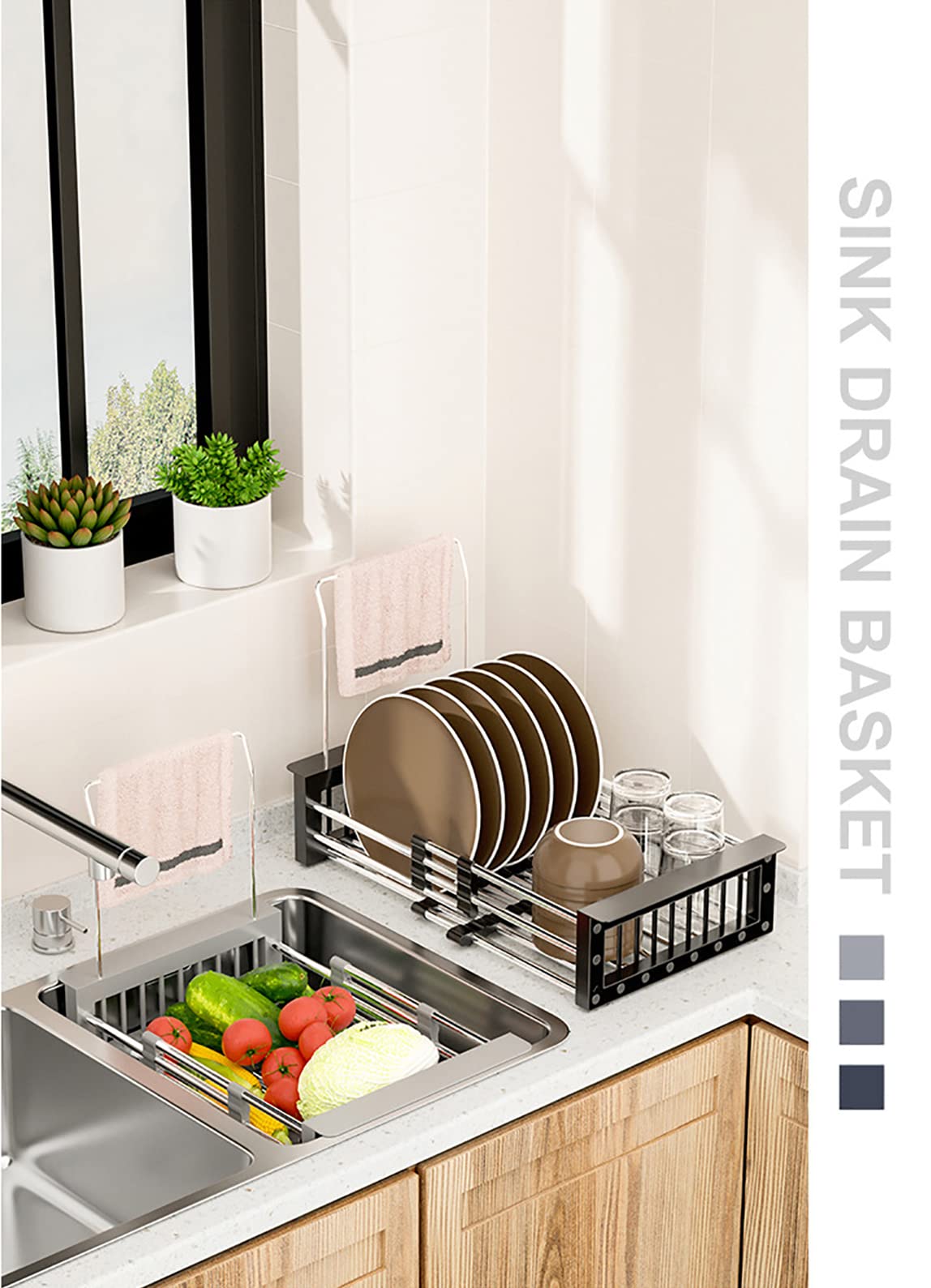 GULICA Dish Drying Rack, Adjustable Stainless Steel Drainer Basket Drain Tray for Dish Vegetable Fruit, On Counter Dish Rack or in Sink Over Sink Kitchen Basket Dish Drying Rack Grey