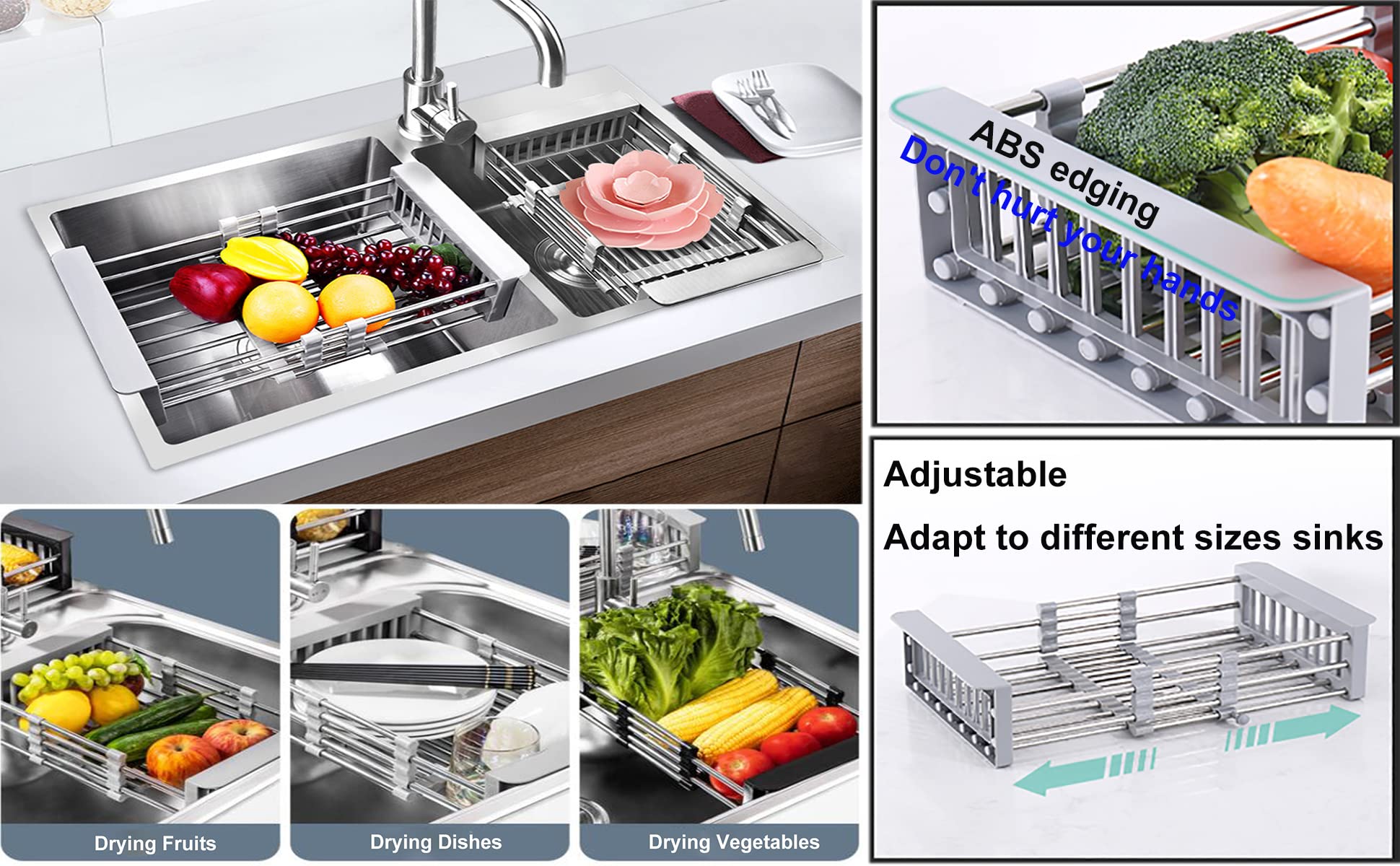 GULICA Dish Drying Rack, Adjustable Stainless Steel Drainer Basket Drain Tray for Dish Vegetable Fruit, On Counter Dish Rack or in Sink Over Sink Kitchen Basket Dish Drying Rack Grey