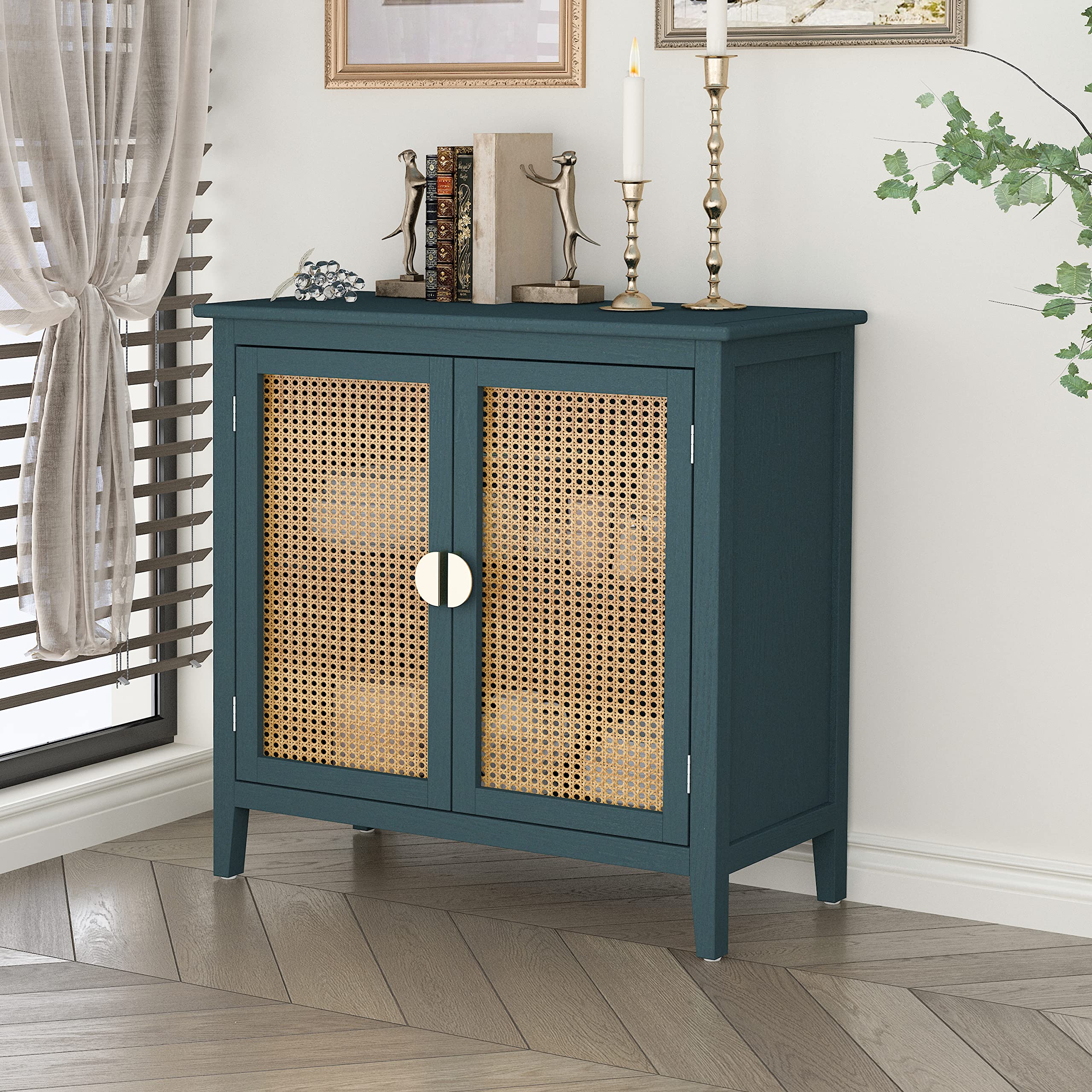 Warmiehomy Rattan Sideboard Buffet Cabinet Accent Storage Cabinet with Doors & Shelf Kitchen Cupboard Console Table Teal Cabinet for Living Room Dining Room Hallway Entryway, Natural, Green
