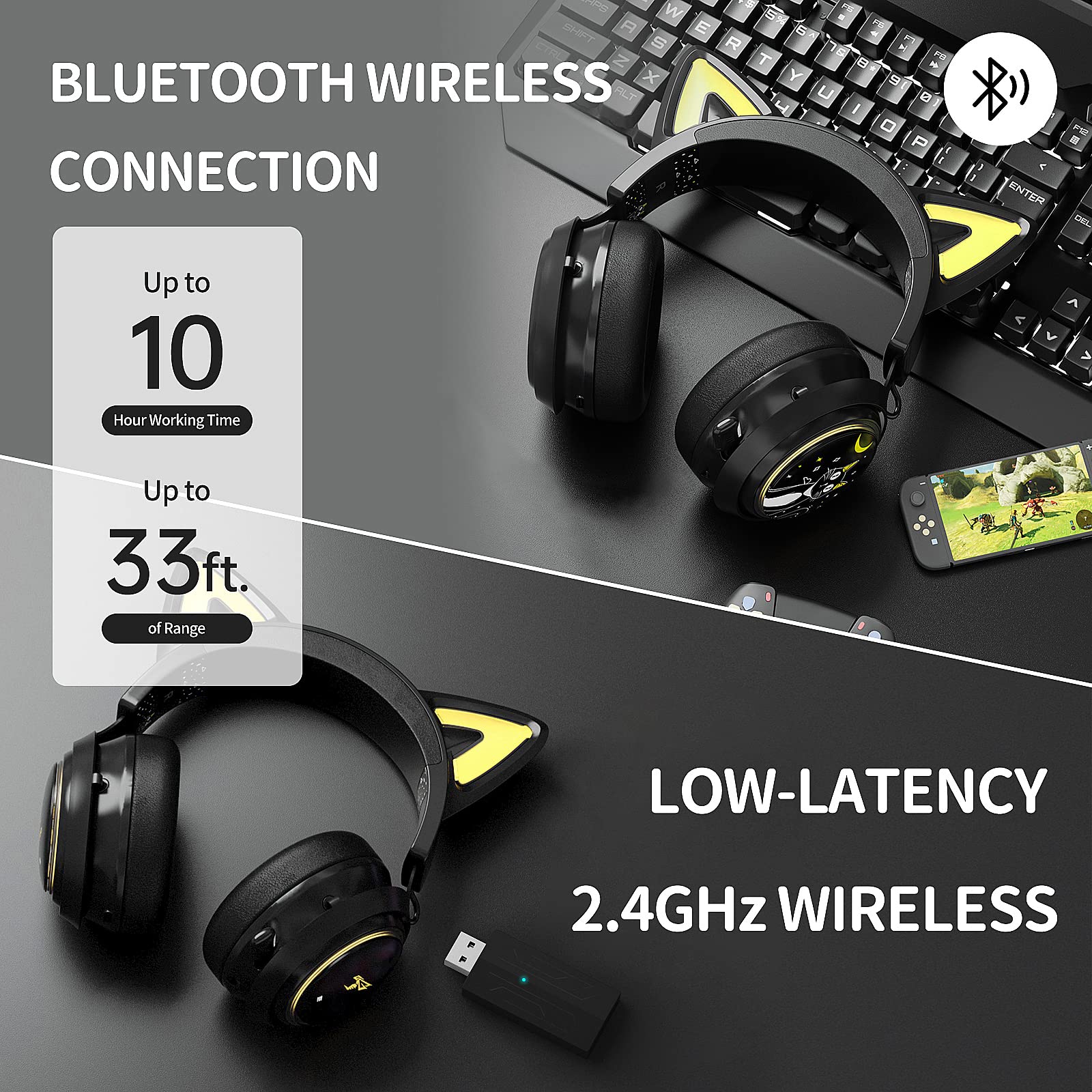 SOMIC Cat Ear Headphones, 2.4G/Bluetooth Wireless Gaming Headset for PS5, PS4, PC with RGB Lights and Retractable Mic, 10Hrs Playtime, 7.1 Surround Sound for Laptop, Smartphone-GS510 Pro - Black