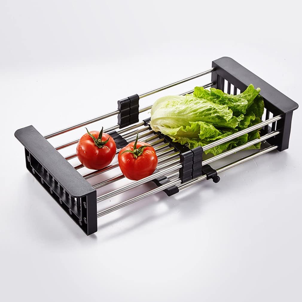 GULICA Dish Drying Rack, Adjustable Stainless Steel Drainer Basket Drain Tray for Dish Vegetable Fruit, On Counter Dish Rack or in Sink Over Sink Kitchen Basket Dish Drying Rack Grey
