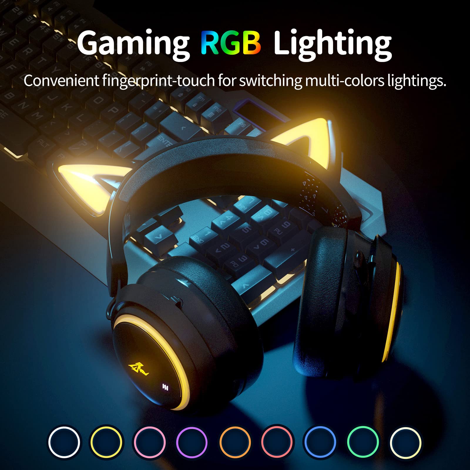 SOMIC Cat Ear Headphones, 2.4G/Bluetooth Wireless Gaming Headset for PS5, PS4, PC with RGB Lights and Retractable Mic, 10Hrs Playtime, 7.1 Surround Sound for Laptop, Smartphone-GS510 Pro - Black