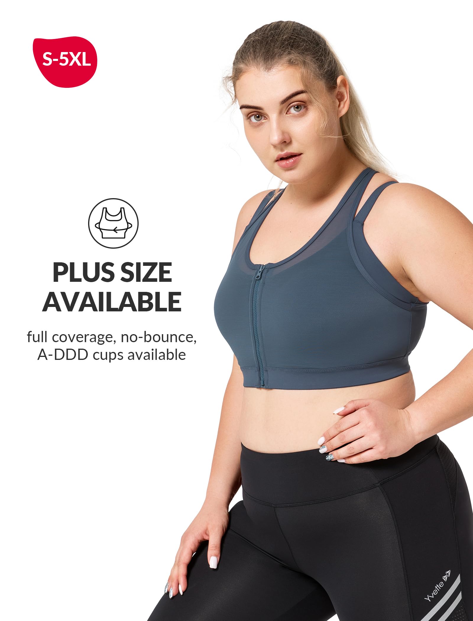 Yvette High Impact Women Sports Bra Front Closure Double Deck Mesh Running Bra for Plus Size, 08AGrey, L(DF)