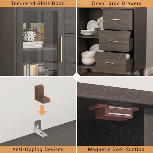 Function Home Sideboard Buffet, Storage Cabinet with Glass Door, Wood Accent Console with Drawers, Mid Century Coffee Bar for Kitchen, Living Room, Hallway, Entry, Walnut