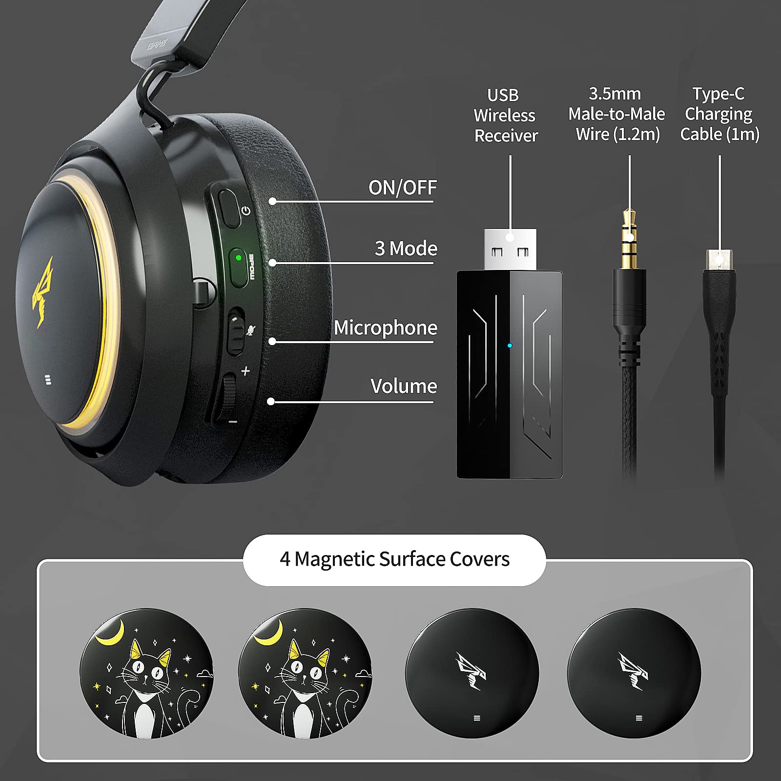 SOMIC Cat Ear Headphones, 2.4G/Bluetooth Wireless Gaming Headset for PS5, PS4, PC with RGB Lights and Retractable Mic, 10Hrs Playtime, 7.1 Surround Sound for Laptop, Smartphone-GS510 Pro - Black