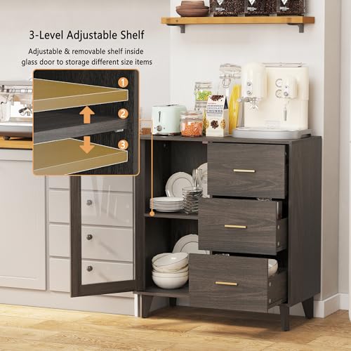 Function Home Sideboard Buffet, Storage Cabinet with Glass Door, Wood Accent Console with Drawers, Mid Century Coffee Bar for Kitchen, Living Room, Hallway, Entry, Walnut