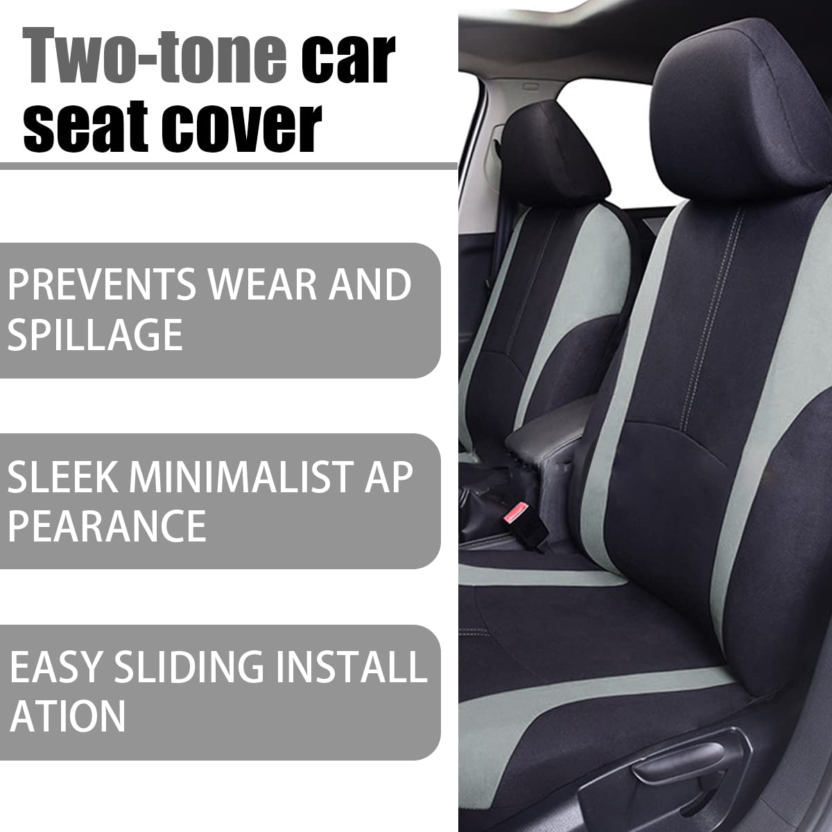AICEL 9 Piece Car Seat Covers Full Set, Front and Rear Split Bench Auto Seat Protectors, Universal Two-Tone Washable Automotive Seat Covers (Gray)