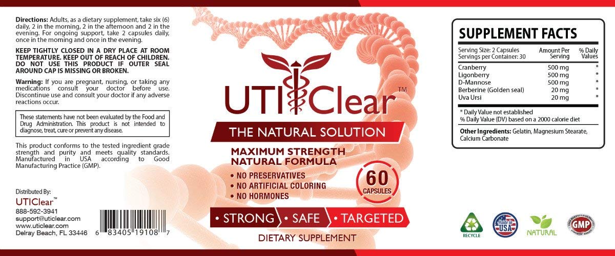UTI Clear - Urinary Tract Support- 100% Pure Key Ingredients – Cranberry, Lingonberry, D-Mannose, Berberine & Uva Ursi - 1 Bottle