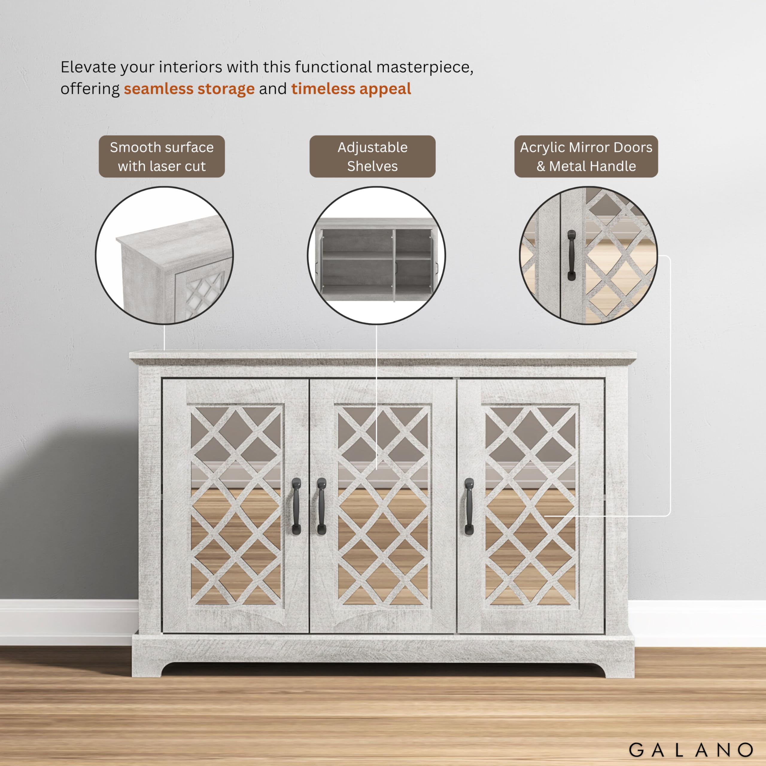 Galano Millicent 3 Door Sideboard with Acrylic Mirrors, Kitchen Buffet Cabinet, Farmhouse Coffee Bar Display Cabinet for Home Kitchen, Living Room, Dining Room and Hallway, Ivory Knotty Grey Oak