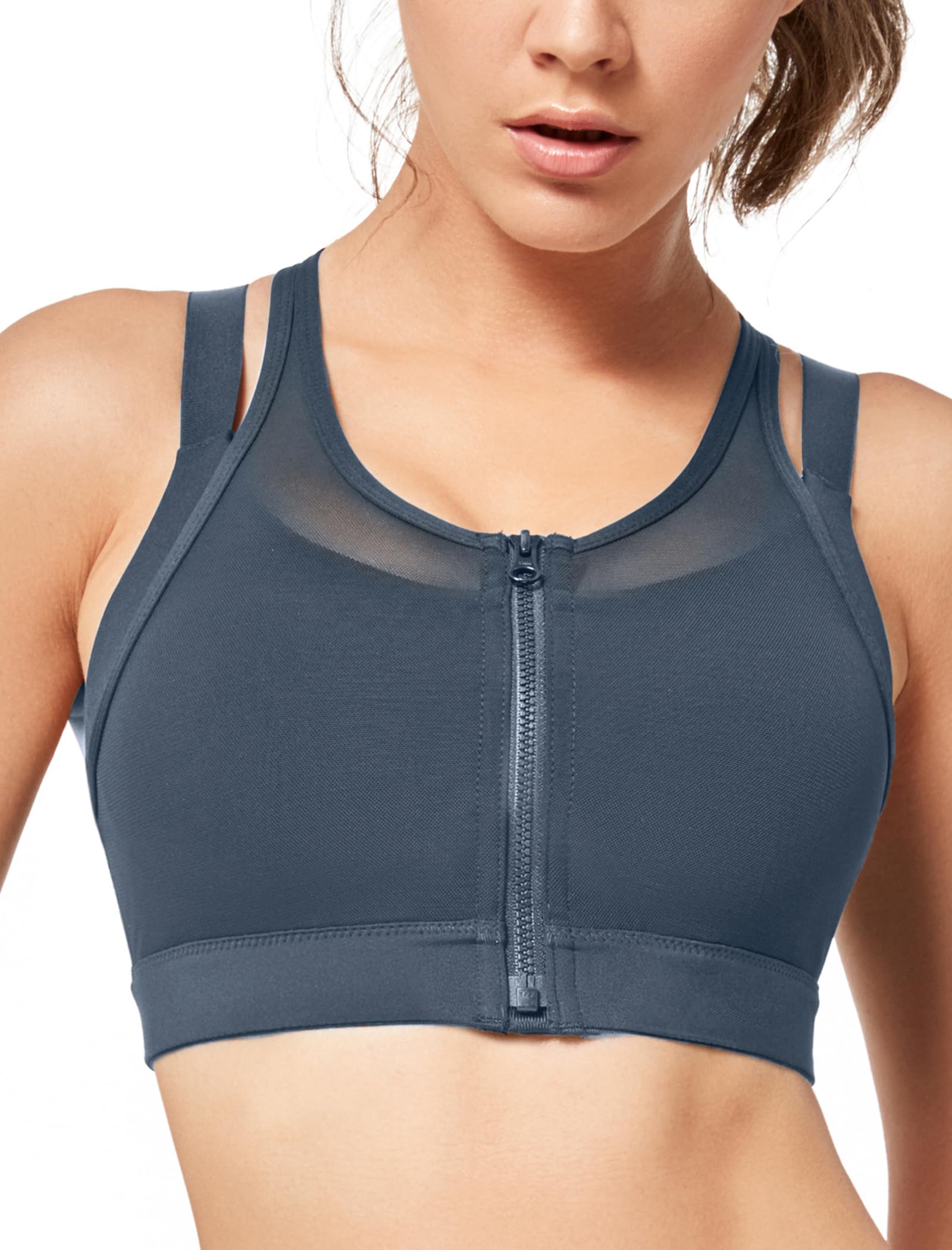 Yvette High Impact Women Sports Bra Front Closure Double Deck Mesh Running Bra for Plus Size, 08AGrey, L(DF)