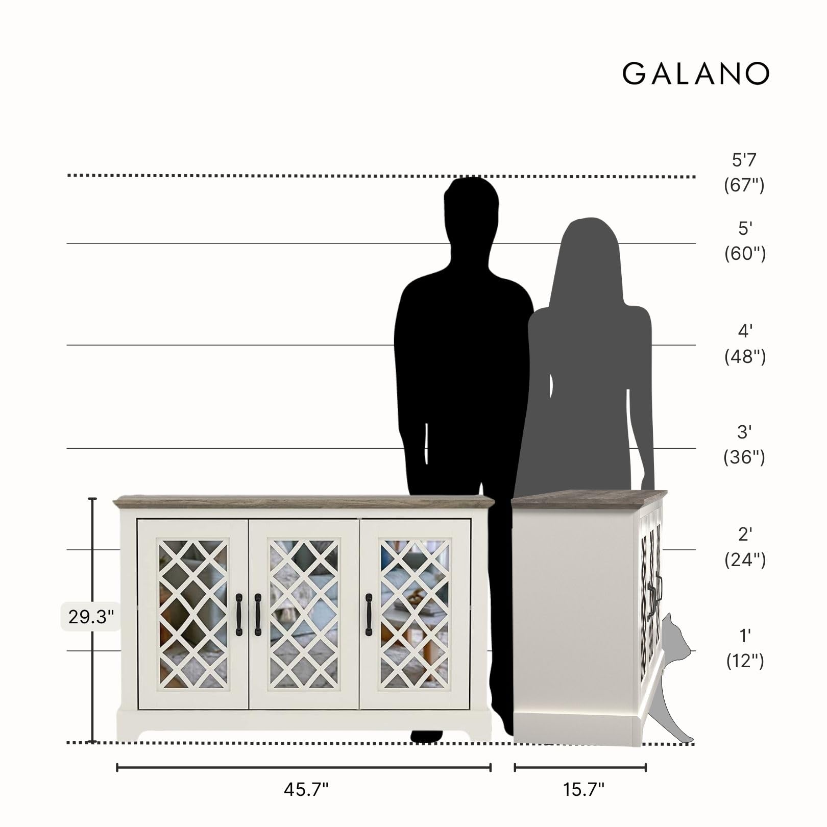 Galano Millicent 3 Door Sideboard with Acrylic Mirrors, Kitchen Buffet Cabinet, Farmhouse Coffee Bar Display Cabinet for Home Kitchen, Living Room, Dining Room and Hallway, Ivory Knotty Grey Oak