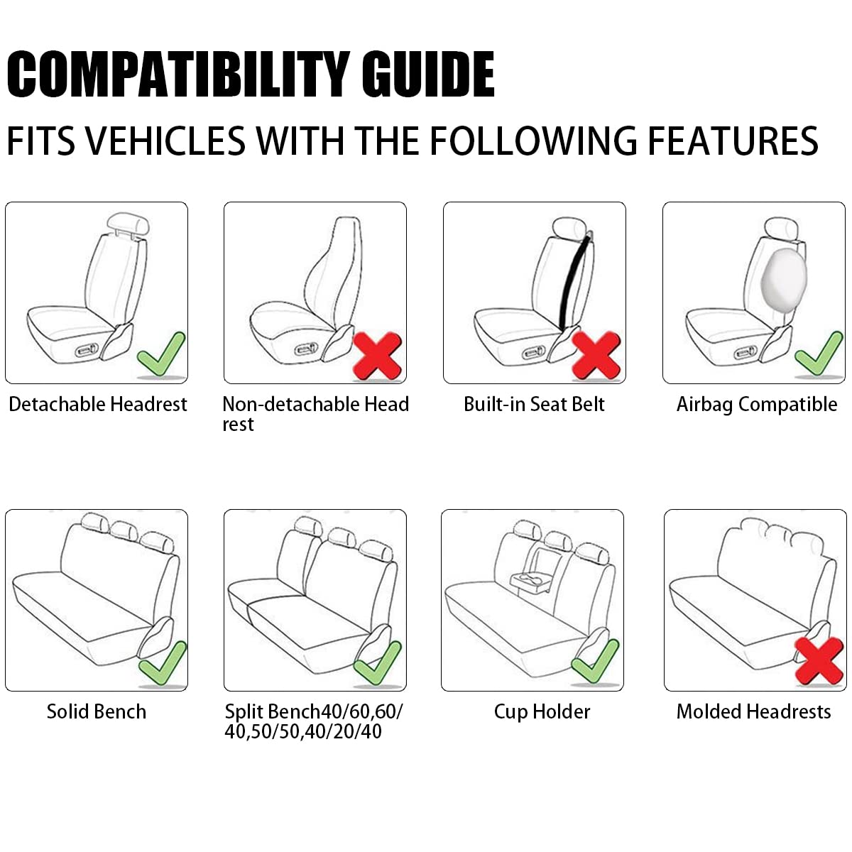 AICEL 9 Piece Car Seat Covers Full Set, Front and Rear Split Bench Auto Seat Protectors, Universal Two-Tone Washable Automotive Seat Covers (Gray)