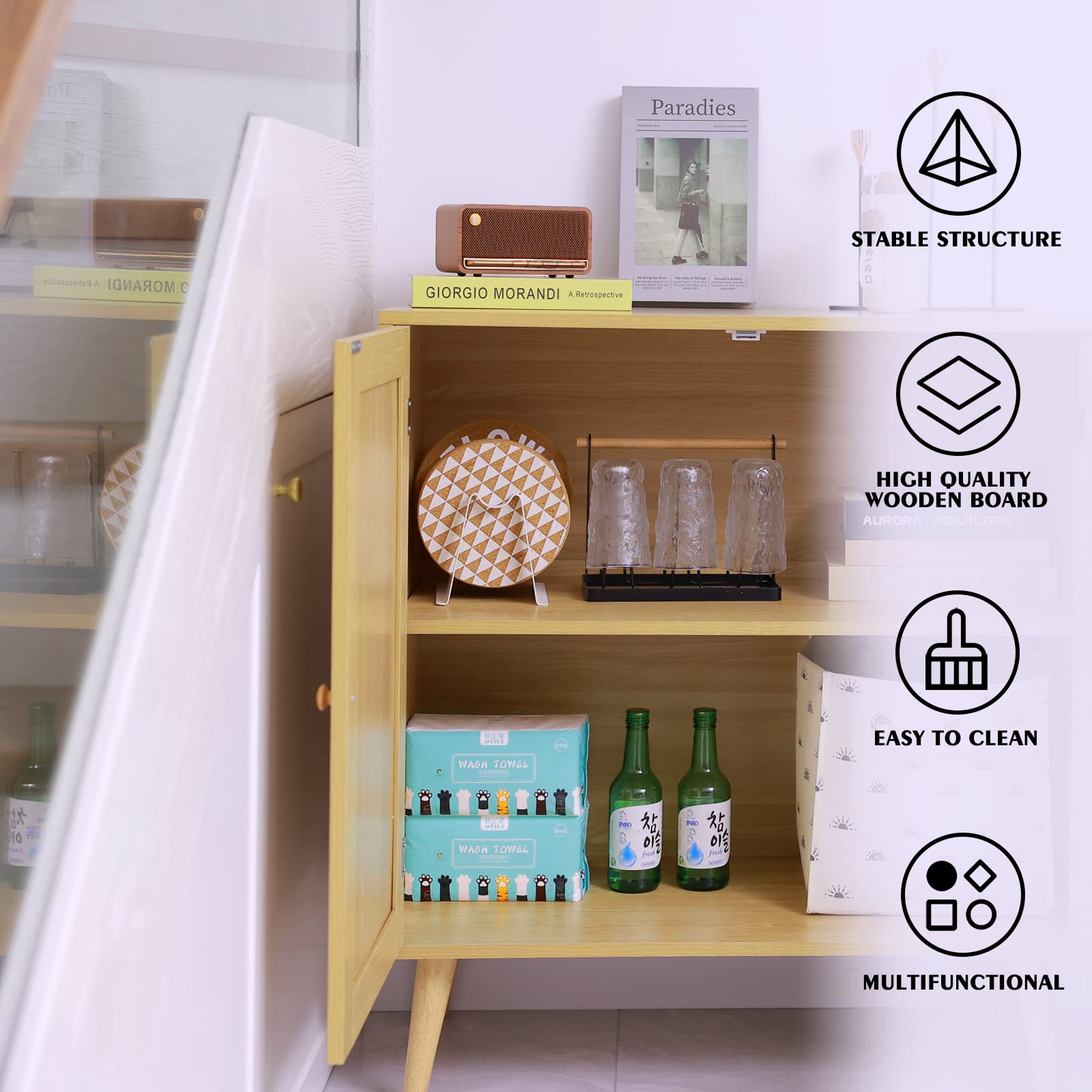 EOYUTLLY Sideboard Buffet Cabinet, Kitchen Buffet Storage Cabinet with Rattan Doors, Accent Cabinet with Adjustable Shelves for Hallway,Kitchen,Living Room, 31.5 x 15.7 x 35 Natural, Assemble Easily