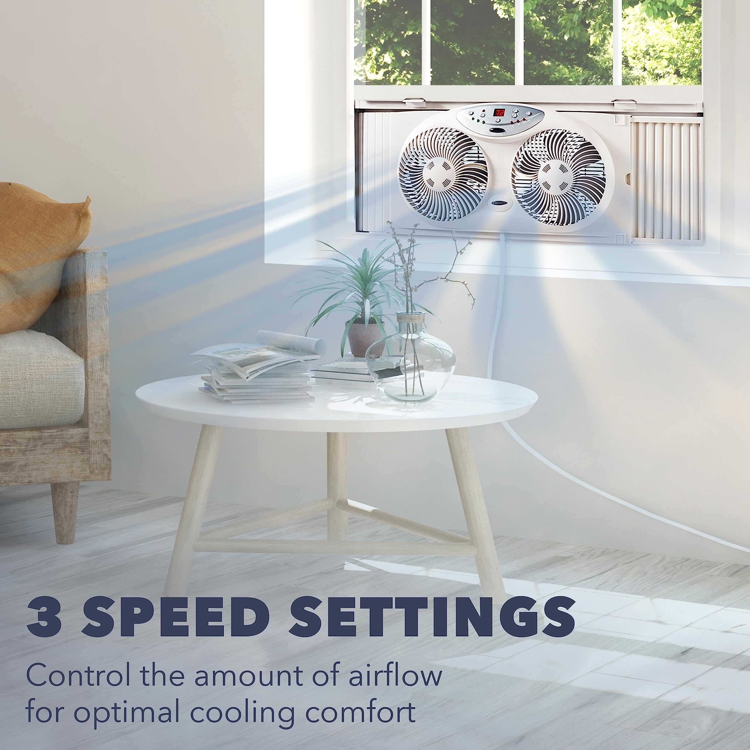 Bionaire Window Fan with Twin 8.5-Inch Reversible Airflow Blades and Remote Control, White