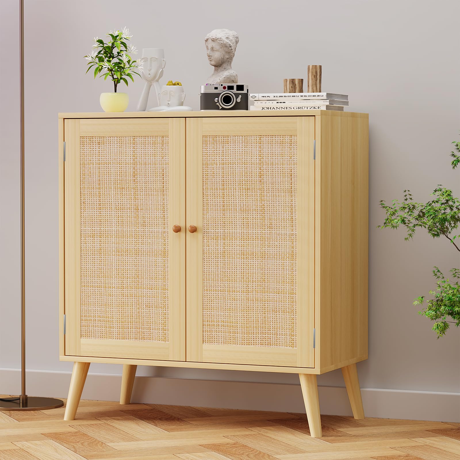 EOYUTLLY Sideboard Buffet Cabinet, Kitchen Buffet Storage Cabinet with Rattan Doors, Accent Cabinet with Adjustable Shelves for Hallway,Kitchen,Living Room, 31.5 x 15.7 x 35 Natural, Assemble Easily