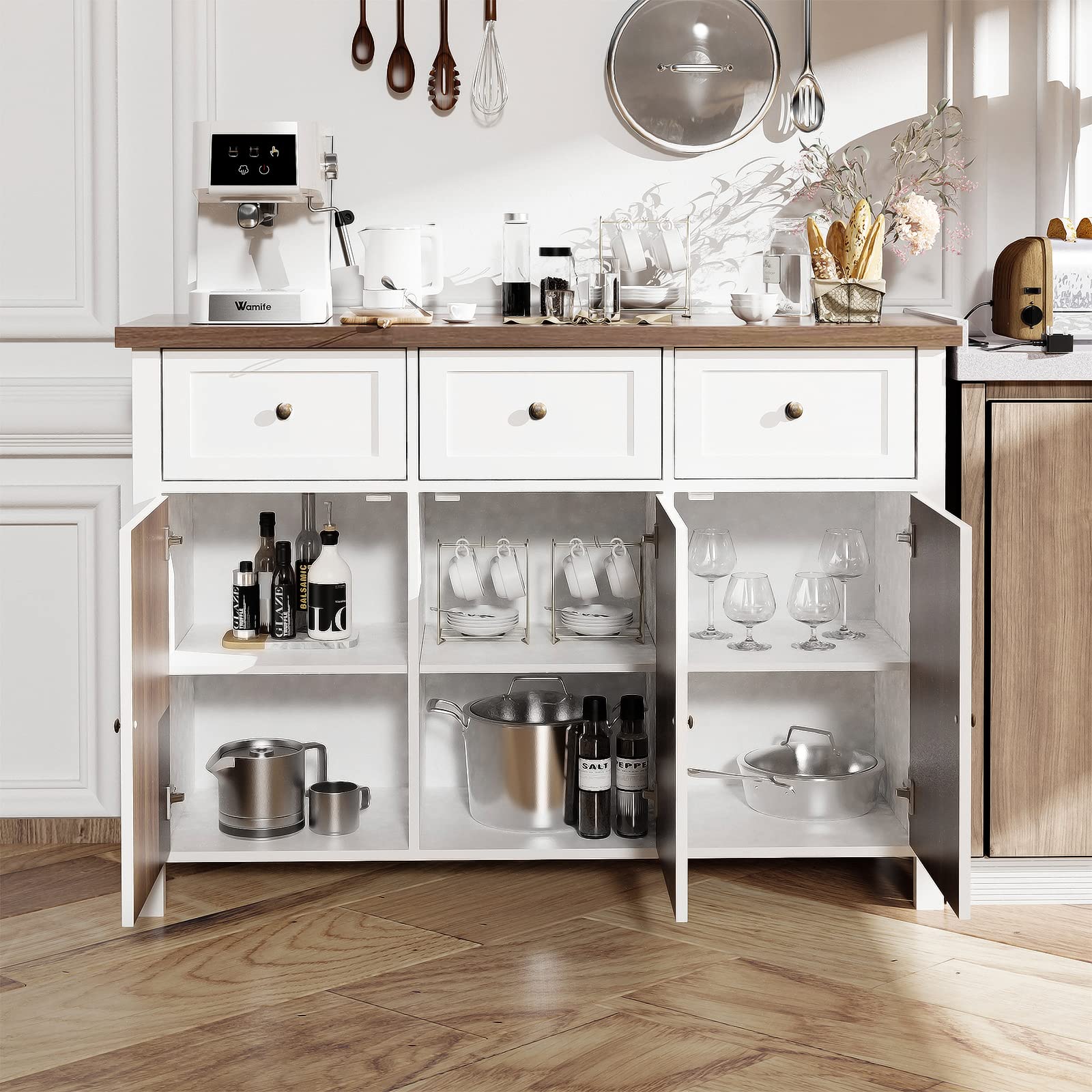 Sideboard Buffet Cabinet with Storage, Kitchen Cabinet with 3 Doors and 3 Adjustable Shelves and 3 Drawers, Buffet Server Bar for Dining Room, Living Room