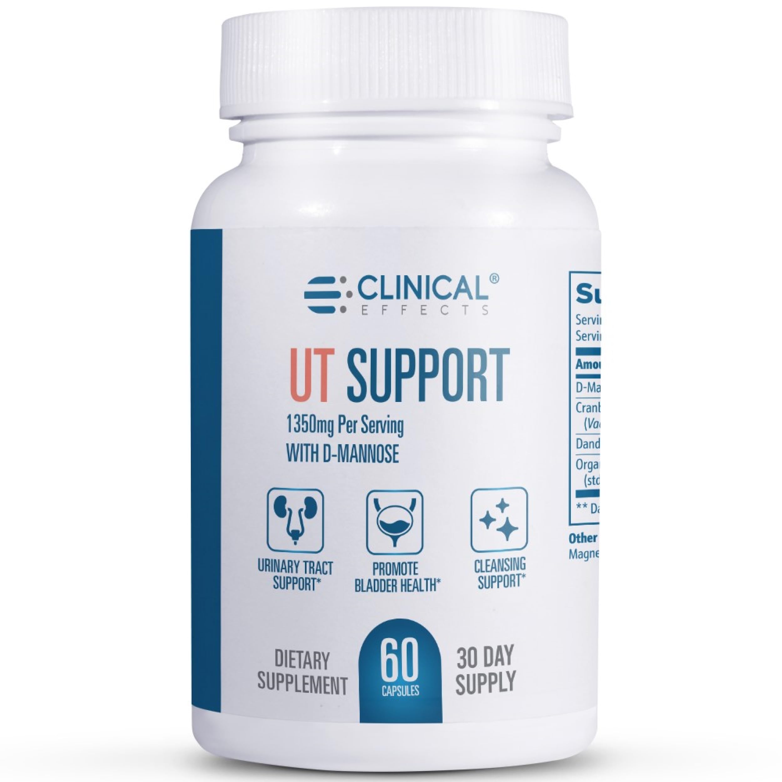 Clinical Effects UT Support - Natural Cleanse and Urinary Tract Health Support - D-Mannose, Dandelion, Hibiscus and Cranberry Pills for Women - 60 D Mannose Capsules - Made in The USA