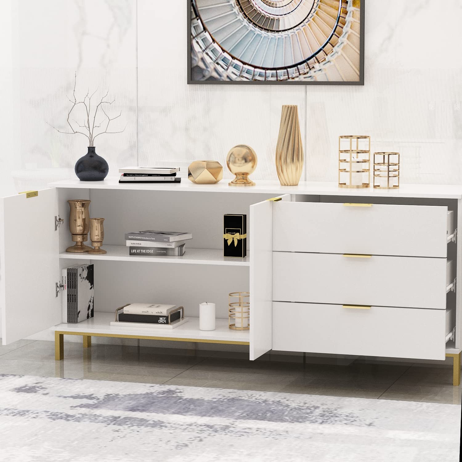 AIEGLE Sideboard Buffet Cabinet with Storage, Wood Coffee Bar Cabinet, 63" Kitchen Cabinet with 3 Drawers & 2 Doors, Kitchen Buffet Cabinet Cupboard with Gold Metal Legs, White