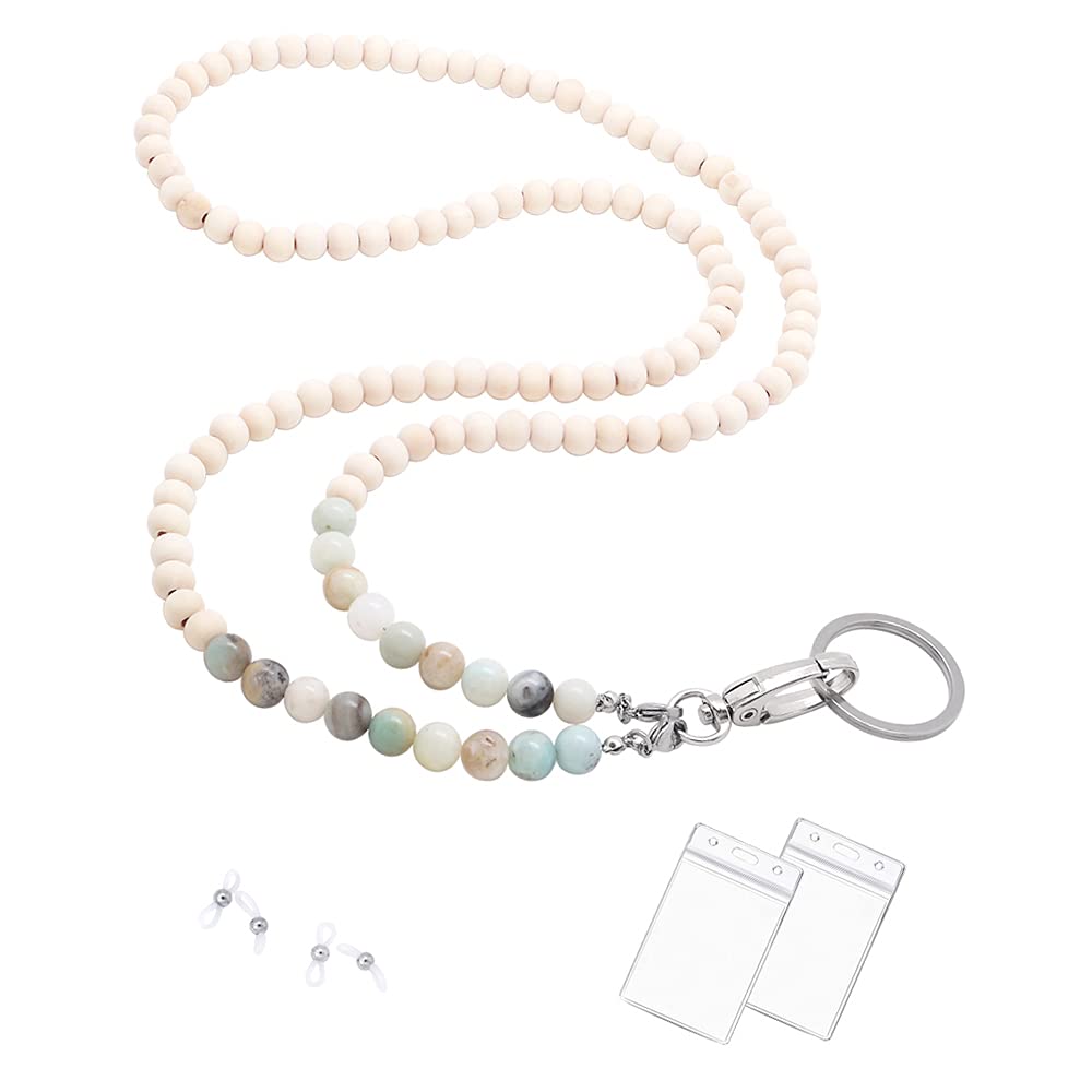 C&L Accessories Lanyards for ID Badges, Beaded Wooden Natural Stone Lanyard for Keys Eyeglass Holder Lanyard for Eyeglasses Chains for Women (Amazonite Stone)