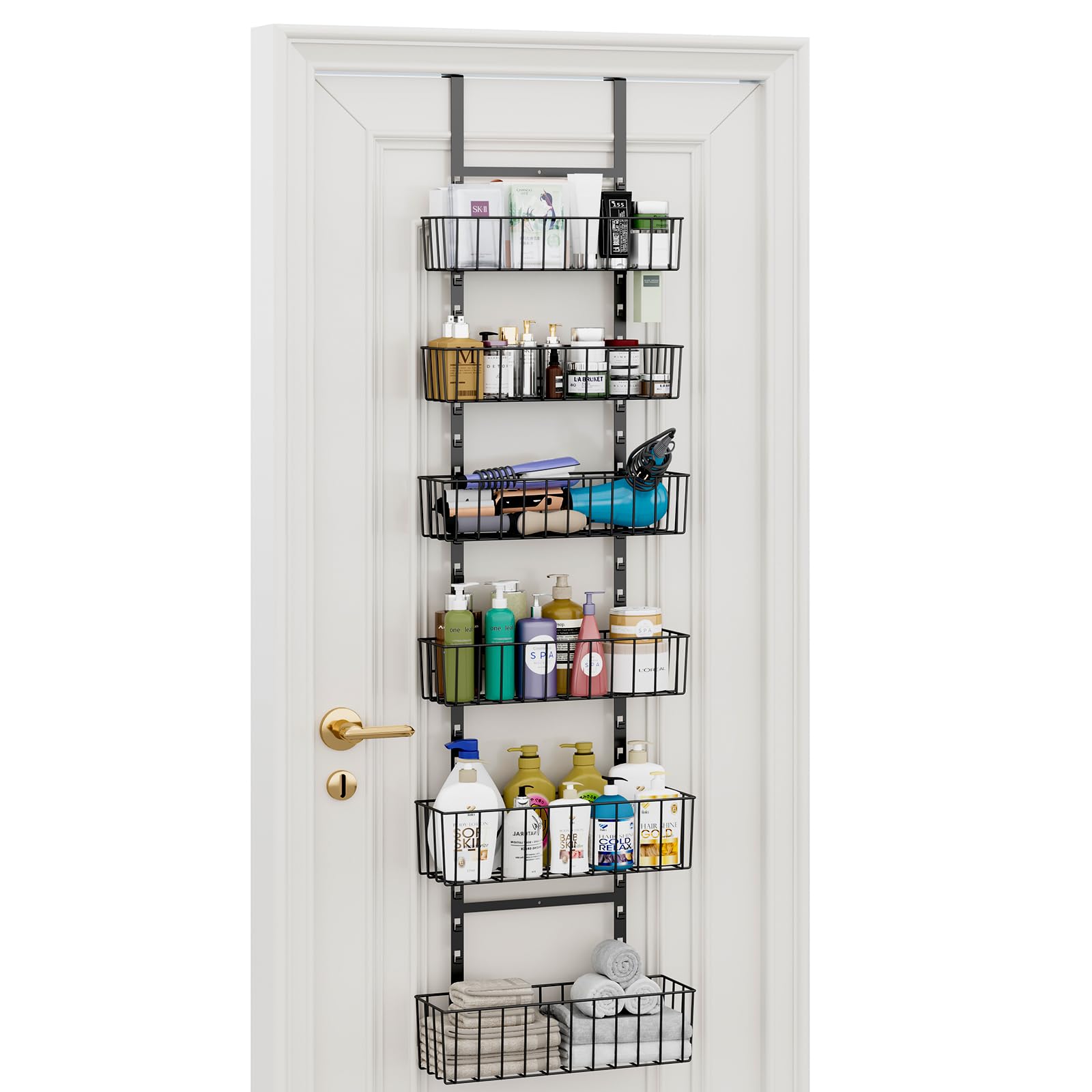 Over the Door Pantry Organizer, 6-Tier Adjustable Metal Baskets Pantry Door Organizer, Over Door Organizer Storage with Detachable Frame, Space Saving Hanging Spice Rack for Kitchen Pantry Door(Black)
