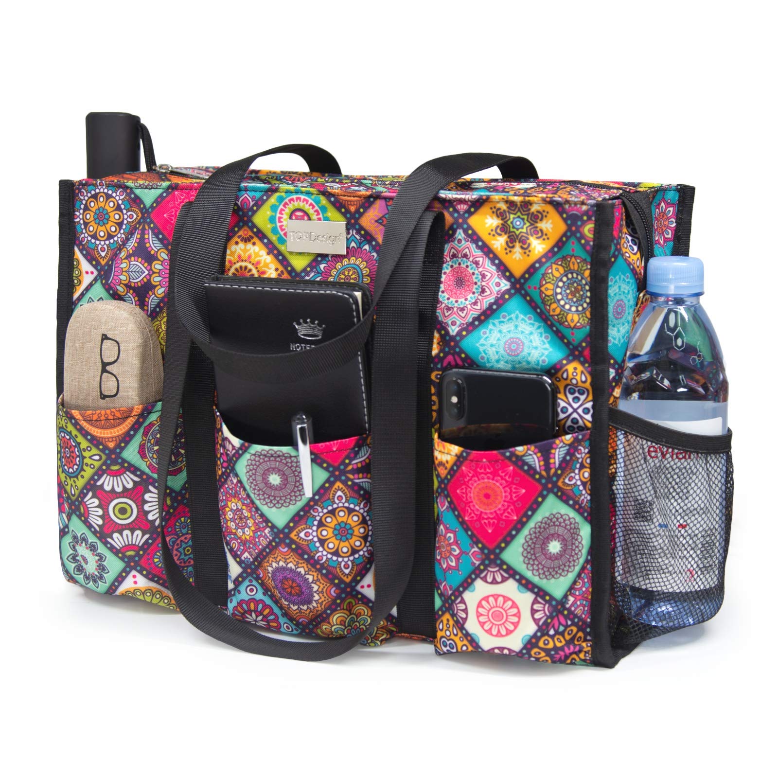 TOPDesign Utility Water Resistant Tote Bag with 13 Exterior & Interior Pockets, Top Zipper Closure & Thick Bottom Support