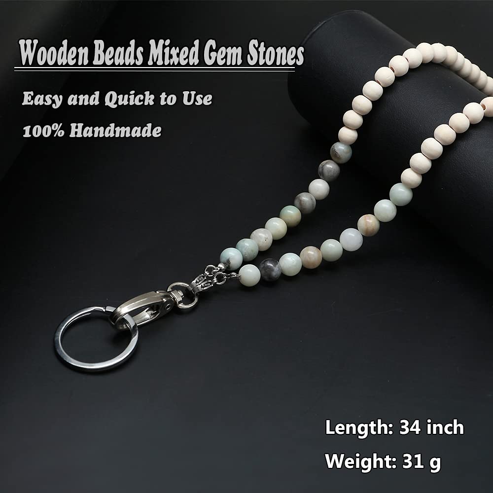 C&L Accessories Lanyards for ID Badges, Beaded Wooden Natural Stone Lanyard for Keys Eyeglass Holder Lanyard for Eyeglasses Chains for Women (Amazonite Stone)