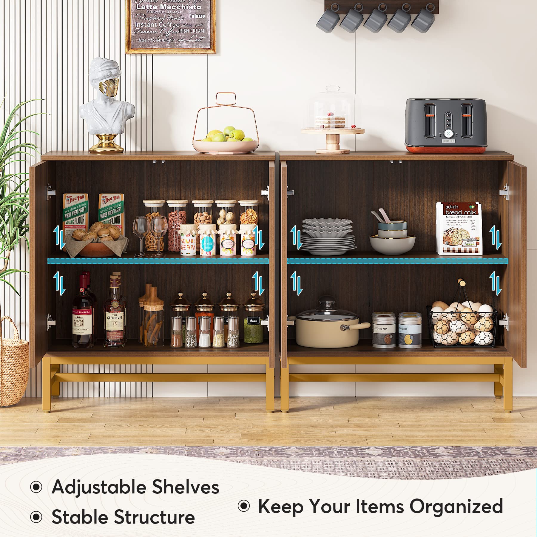 Tribesigns Sideboard Buffet Cabinet Set of 2, 59 Inch Kitchen Sideboard Cabinet with Doors and Adjustable Shelves, Coffee Bar Cabinet Storage Cabinet for Dining Room, Living Room, Dark Brown