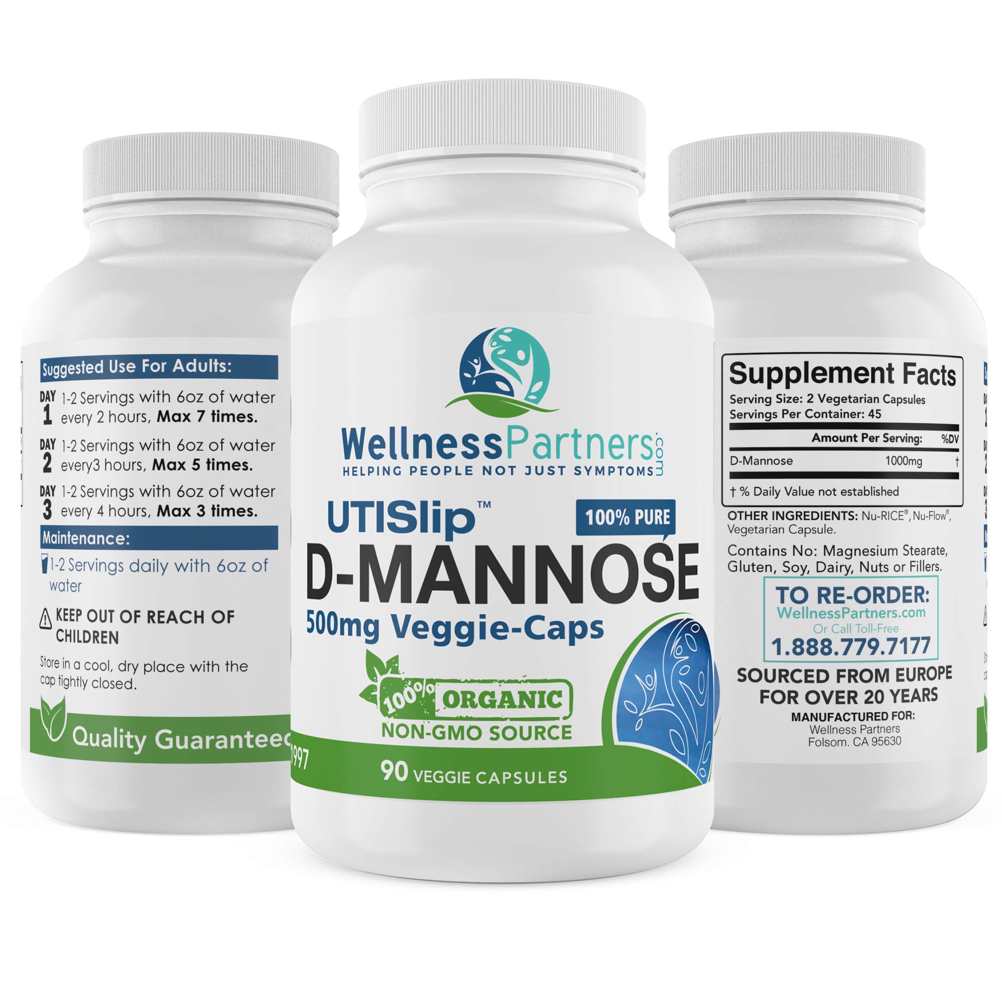 UTI Slip D-Mannose Non GMO Organic Source Veggie Capsules 90 Count (500 Mg)