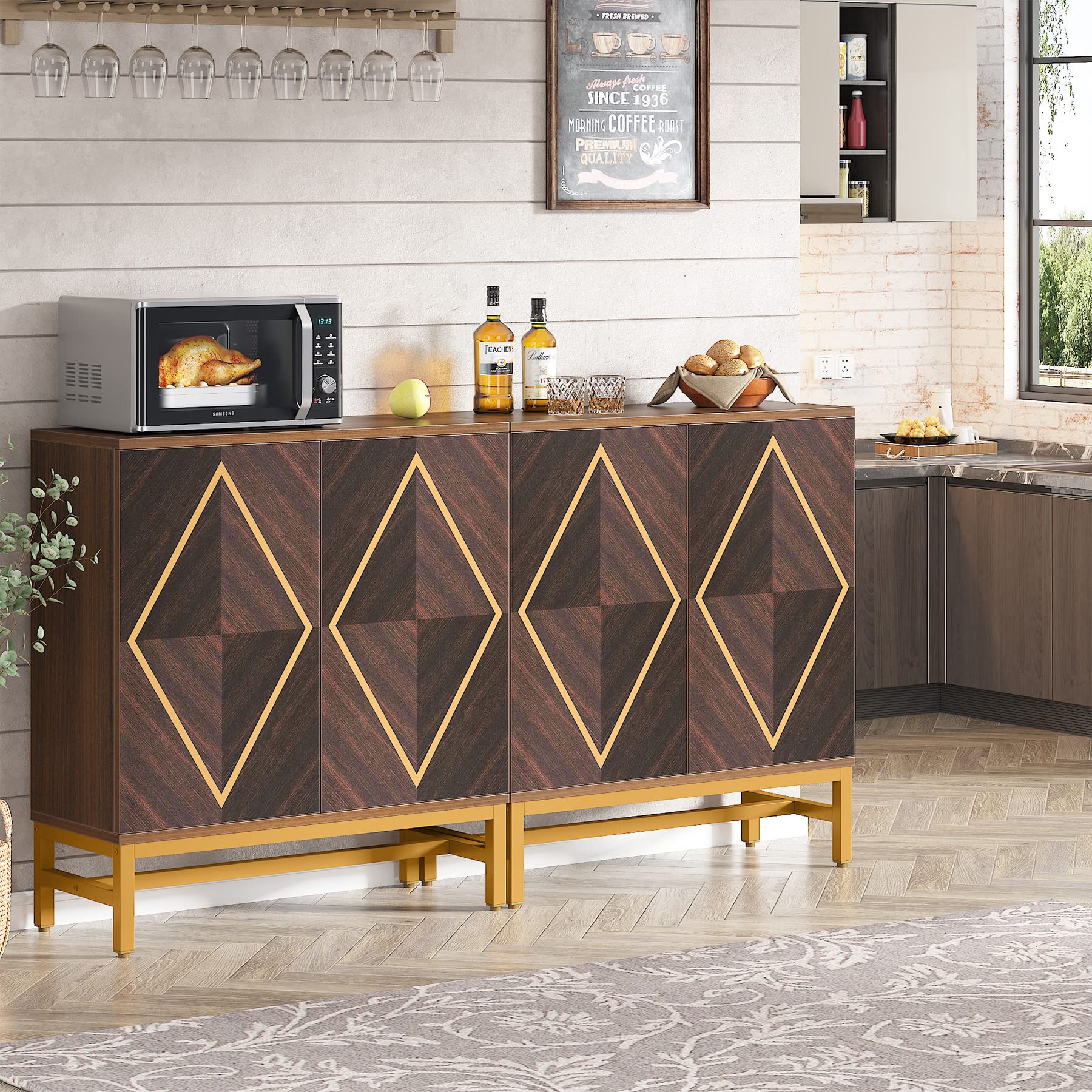 Tribesigns Sideboard Buffet Cabinet Set of 2, 59 Inch Kitchen Sideboard Cabinet with Doors and Adjustable Shelves, Coffee Bar Cabinet Storage Cabinet for Dining Room, Living Room, Dark Brown