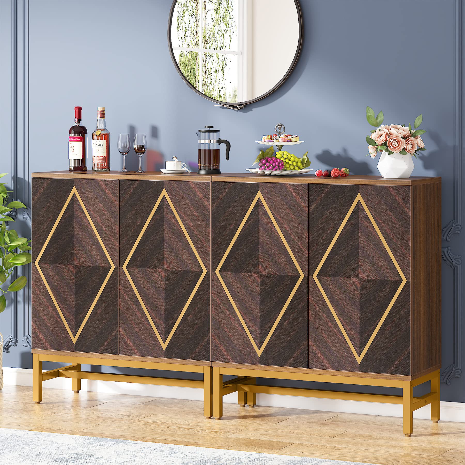 Tribesigns Sideboard Buffet Cabinet Set of 2, 59 Inch Kitchen Sideboard Cabinet with Doors and Adjustable Shelves, Coffee Bar Cabinet Storage Cabinet for Dining Room, Living Room, Dark Brown