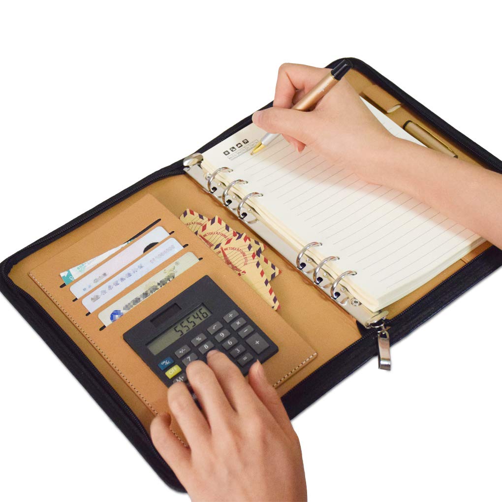 SAYEEC Leather Portfolio Notebook Binder with Calculator A5 6 Ring Refillable Budget Planner Binder Cover with Zipper Zippered Padfolio Organizer Business Journal Conference Folder Gifts for Men Women