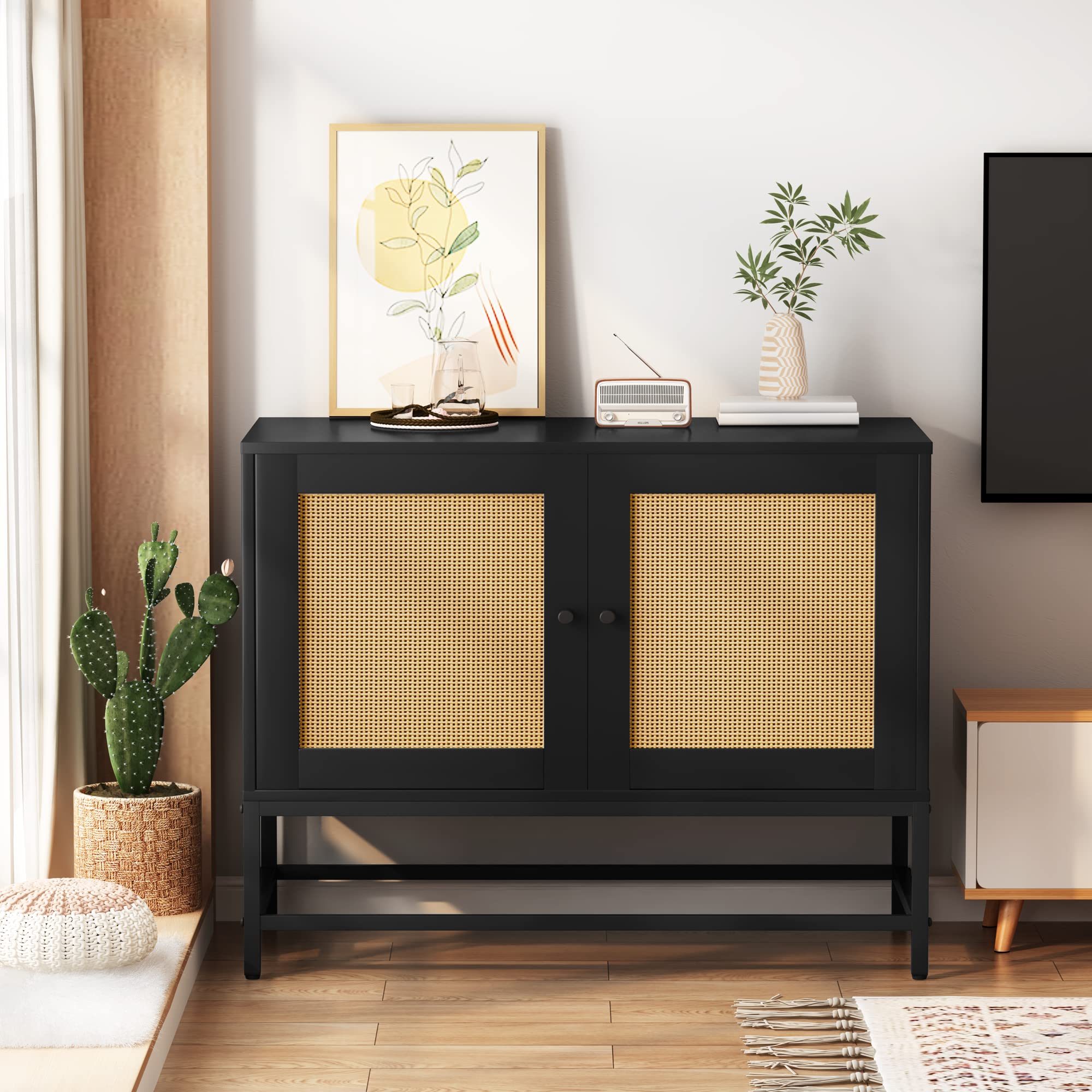 AWQM Buffet Cabinet with Storage, Set of 2, Rattan Buffet Cabinet with 2 Doors, Adjustable Shelves and Sturdy Metal Frame, Modern Accent Sideboard Cabinet for Kitchen, Dining Room, Living Room - Black