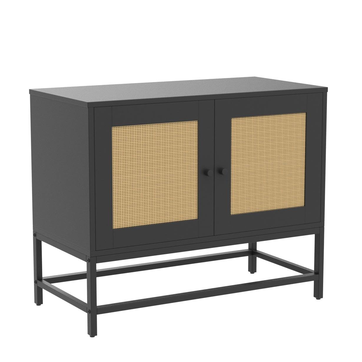 AWQM Buffet Cabinet with Storage, Set of 2, Rattan Buffet Cabinet with 2 Doors, Adjustable Shelves and Sturdy Metal Frame, Modern Accent Sideboard Cabinet for Kitchen, Dining Room, Living Room - Black