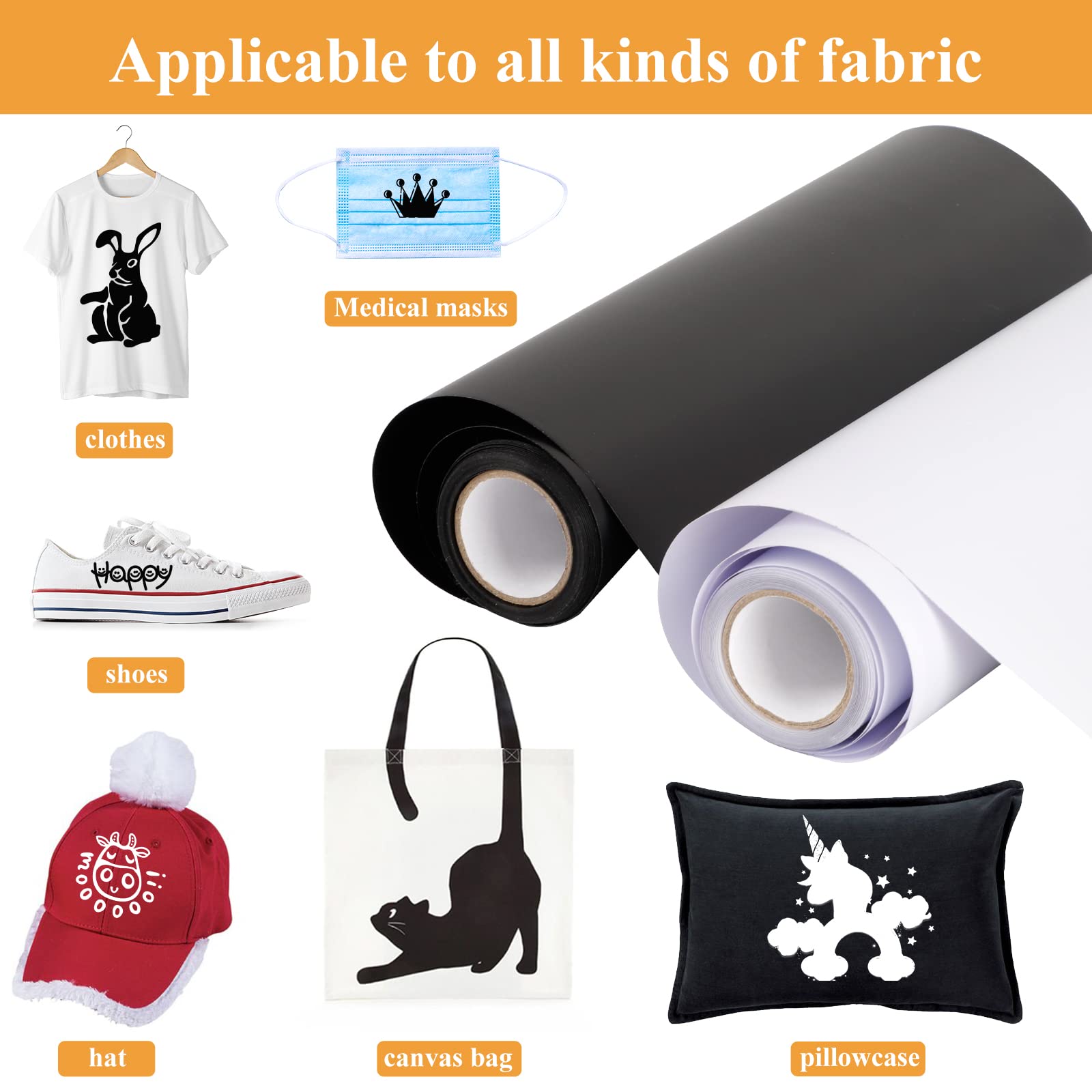 HTV Black and White Heat Transfer Vinyl Rolls, 12" x 20ft HTV Iron on Vinyl for Shirts, Black & White Vinyl for Cricut, Cameo, Heat Press Machines (2 Rolls 12 Inches x 10 Feet Each)