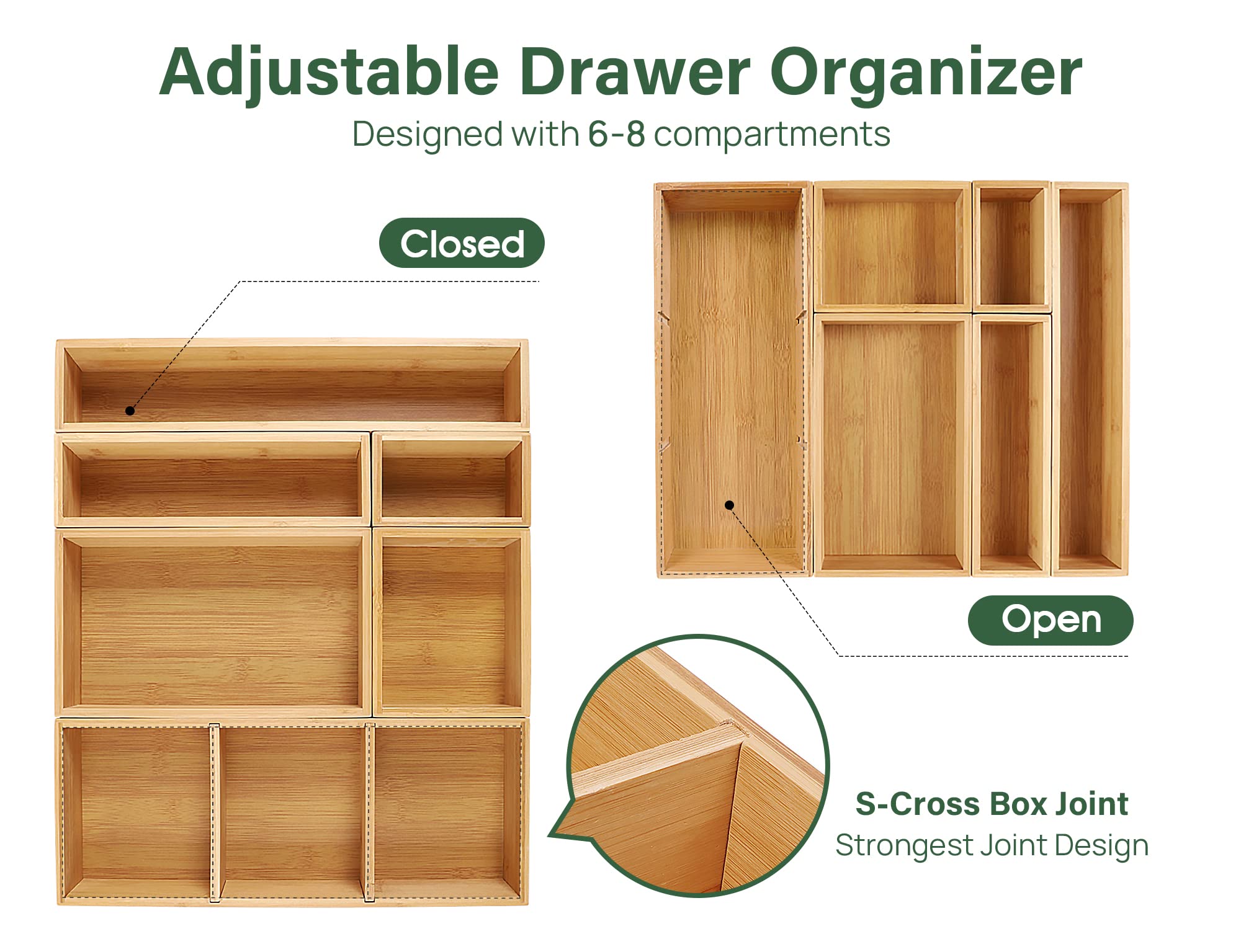 Kootek Kitchen Drawer Organizer for Utensils, 6 Pcs 8 Grid Silverware Tray Bamboo Drawer Organizers Cutlery Storage with Removable Dividers for Pantry Closet Desk Office