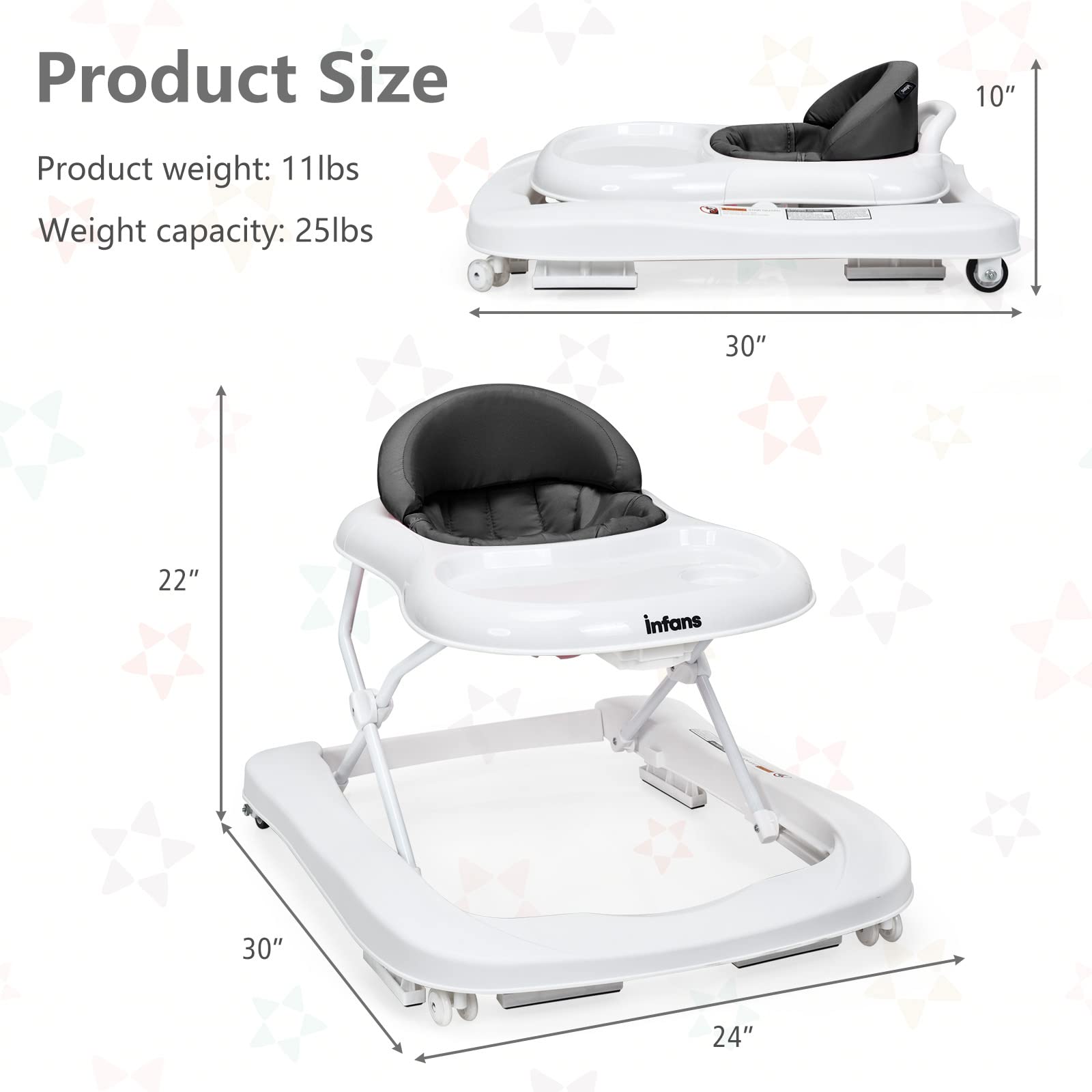 INFANS Foldable Baby Walker for Boys and Girls, 2 in 1 Toddler Walker Learning-Seated or Walk-Behind, Adjustable Speed Rear Wheels, Safety Bumper, Detachable Seat Cover, Anti-Rollover (Grey)