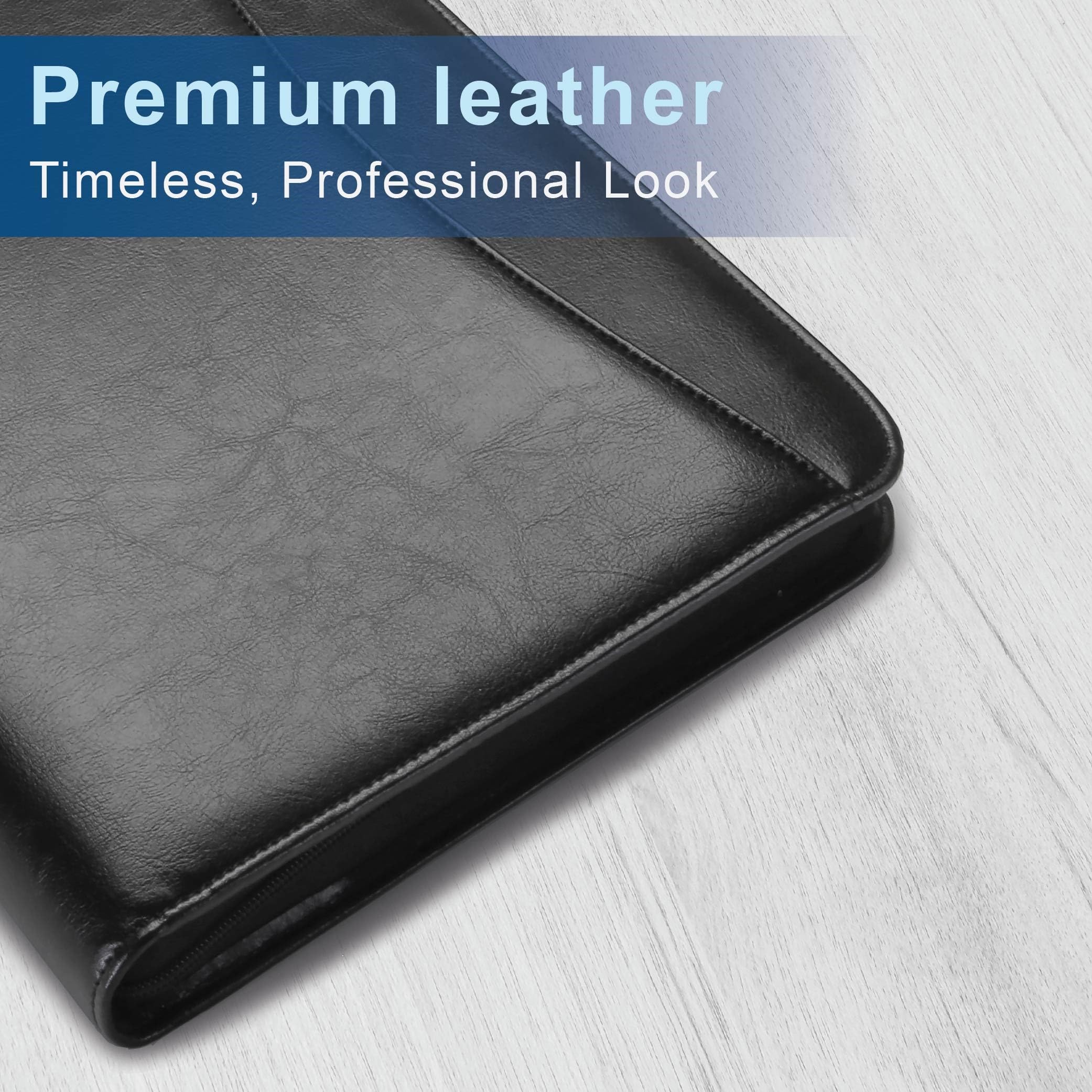 Travigo 3-Ring Zipper Business Leather Portfolio Folder| 1.25" 3-Ring Binder Professional Business Folder Resume Document Organizer|Exterior Pocket | Guesseted File Pocket| 8-1-2" Writing Pad (Black)