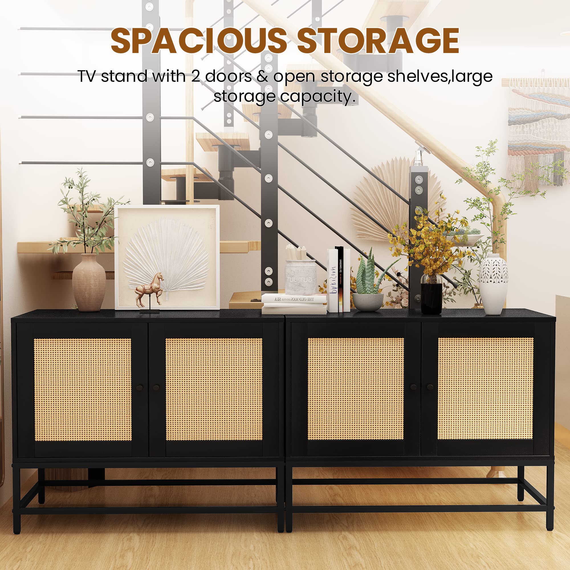 AWQM Buffet Cabinet with Storage, Set of 2, Rattan Buffet Cabinet with 2 Doors, Adjustable Shelves and Sturdy Metal Frame, Modern Accent Sideboard Cabinet for Kitchen, Dining Room, Living Room - Black