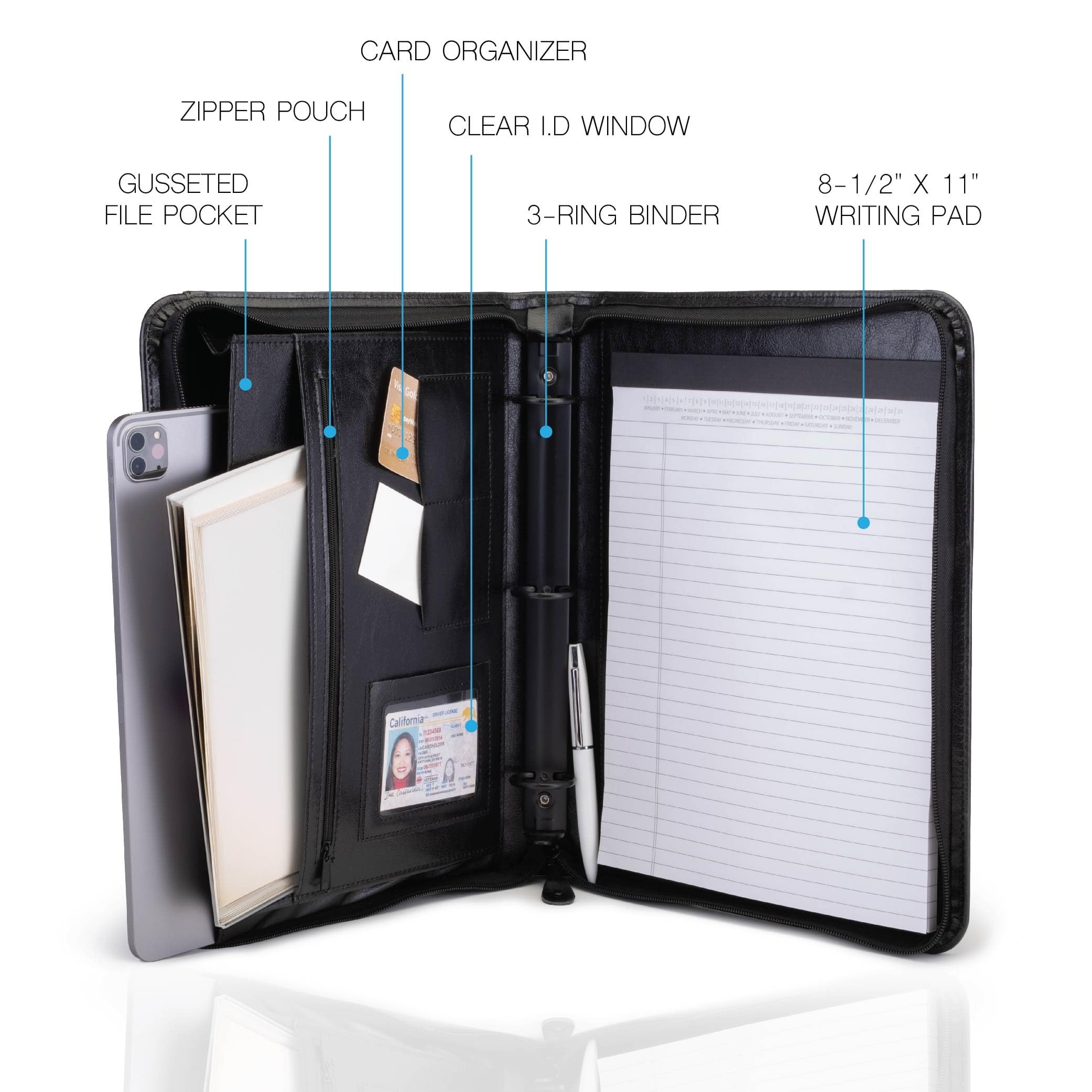 Travigo 3-Ring Zipper Business Leather Portfolio Folder| 1.25" 3-Ring Binder Professional Business Folder Resume Document Organizer|Exterior Pocket | Guesseted File Pocket| 8-1-2" Writing Pad (Black)