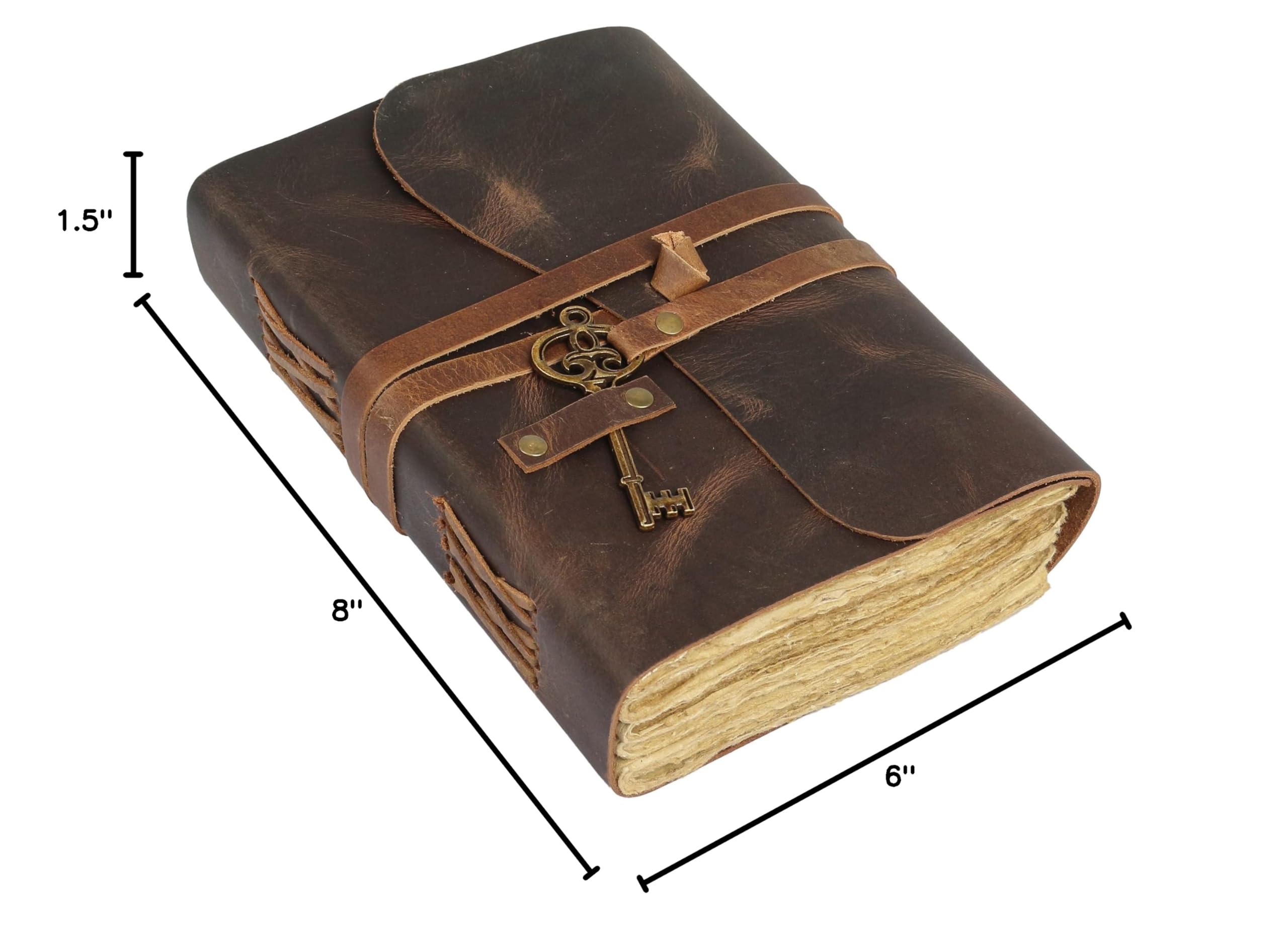 Leather Journal with lined Deckle Edge Paper 8x6 inch and Vintage Key/Handmade Writing Notebook Diary/Bound Daily Notepad for Men & Women Medium, Sketch/Writing pad, Gift for Artists (8 x 6)