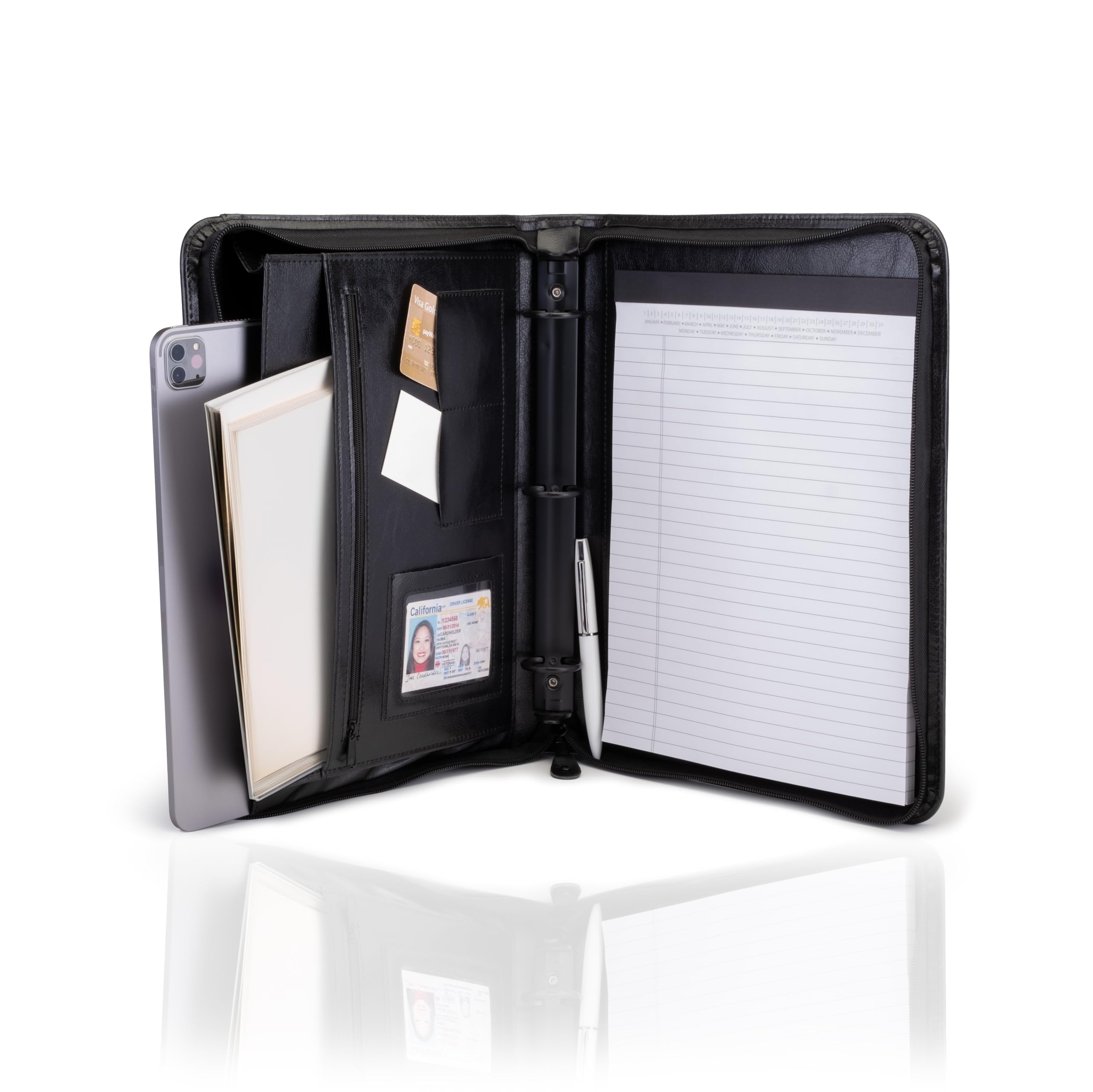 Travigo 3-Ring Zipper Business Leather Portfolio Folder| 1.25" 3-Ring Binder Professional Business Folder Resume Document Organizer|Exterior Pocket | Guesseted File Pocket| 8-1-2" Writing Pad (Black)
