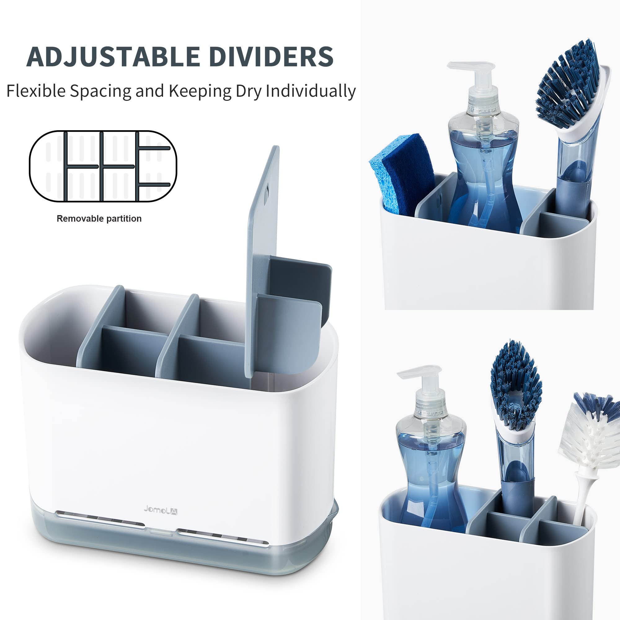 JOMOLA Dish Brush Caddy Sink Sponge Holder Kitchen Counter Scrub Soap Wand Organizer Sinkware Caddy with Drain Tray and Dividers Utensils Rack for Dishwashing Scrubber Toothbrush Scraper Gray
