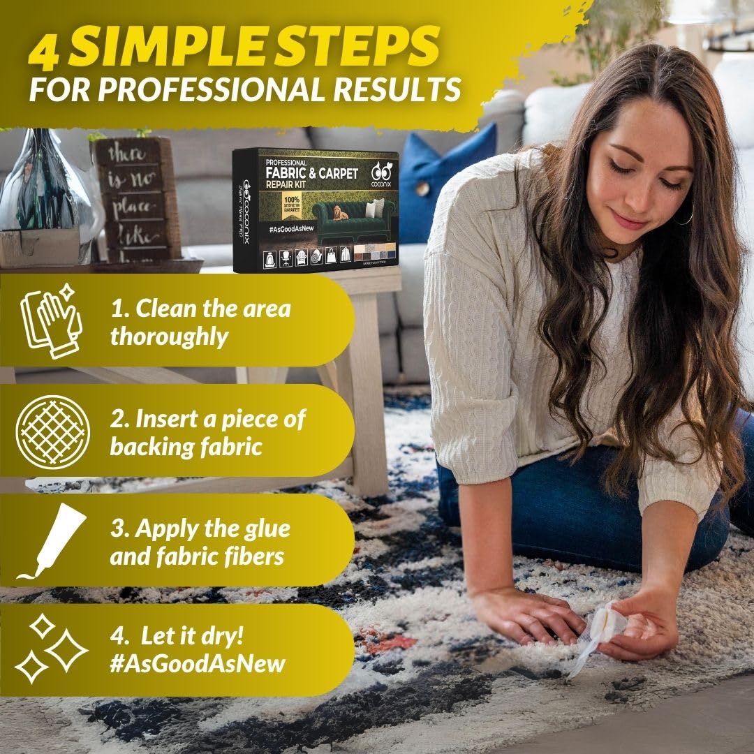 Coconix Fabric & Carpet Repair Kit | Fix Tears, Holes, and Burns on Fabric and Carpet Upholstery, Rugs, and Clothing | Easy Application with Customizable Colors