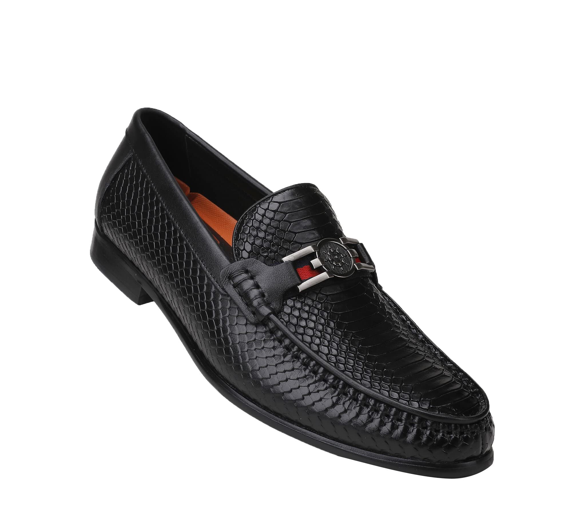 Black Mens Leather Dress Shoes, Premium Crocodile Print Moc-Toe Slip-on Loafer with Metal Buckle Penny Shoes for Mens, 9