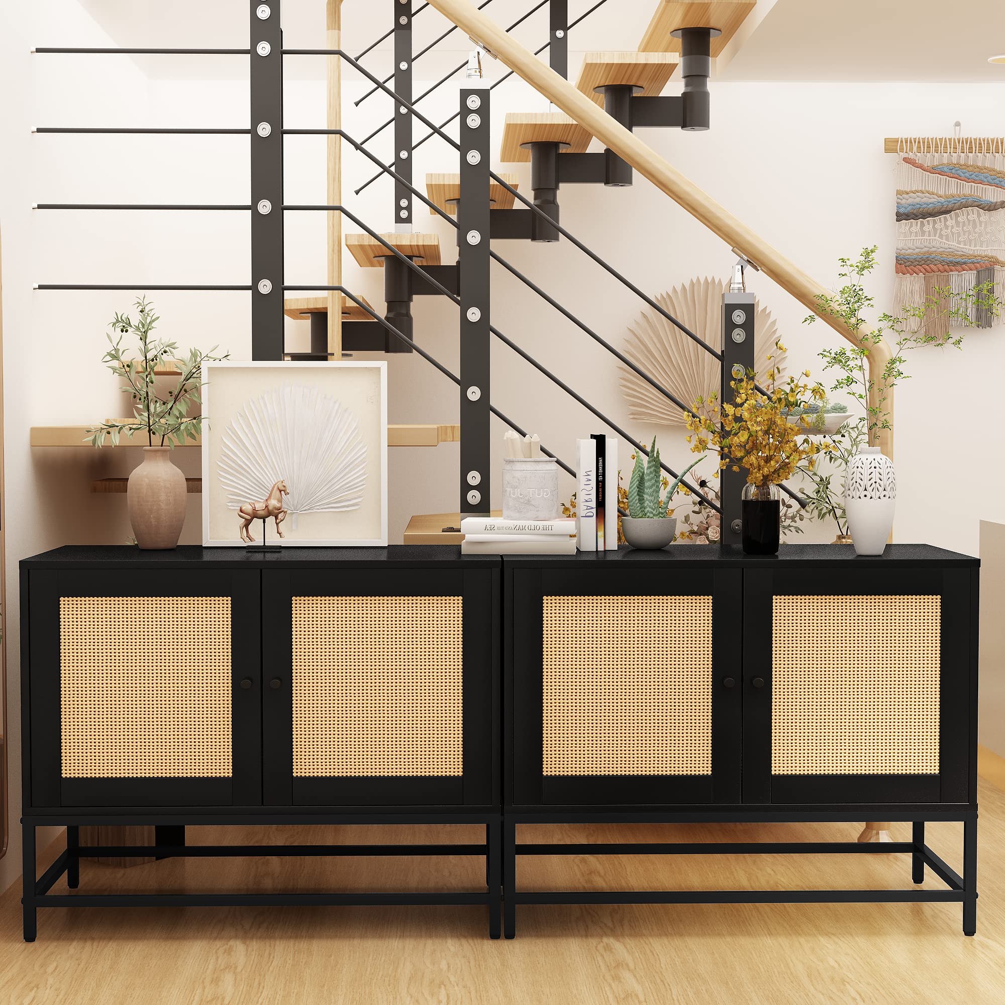 AWQM Buffet Cabinet with Storage, Set of 2, Rattan Buffet Cabinet with 2 Doors, Adjustable Shelves and Sturdy Metal Frame, Modern Accent Sideboard Cabinet for Kitchen, Dining Room, Living Room - Black
