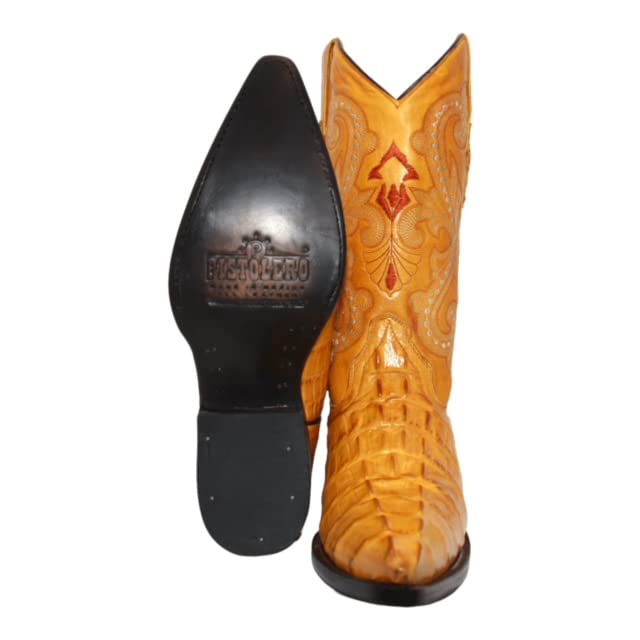 Western Shops Mens Crocodile Alligator Print Leather Cowboy Western Boots Snip Toe (11.5, Mustard)
