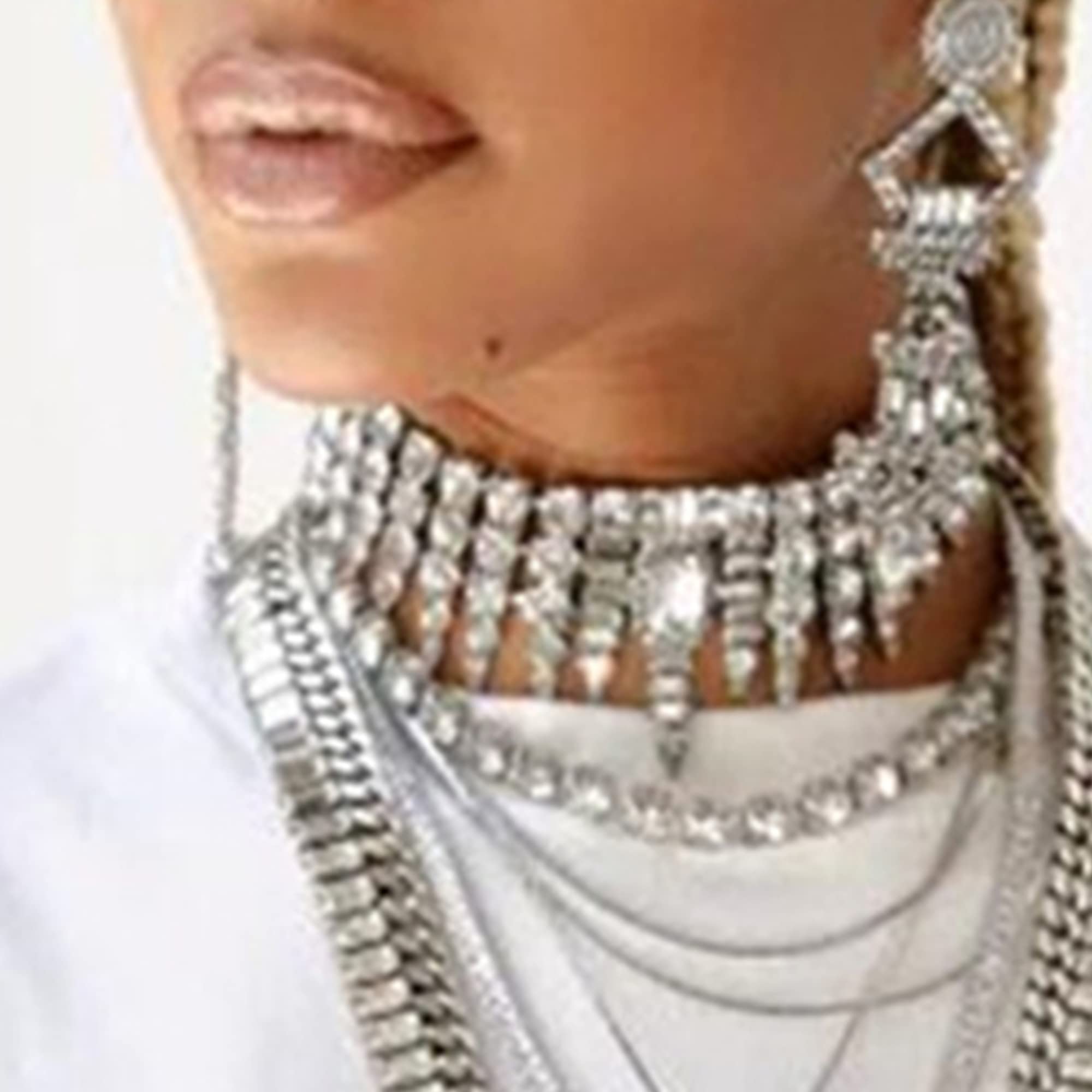 YERTTER Dainty Silver Full Rhinestone Chain Sparkly Collar Chain Choker Statement Tassel Crystal Choker Necklace Adjustable for Party Music Bar Women (Silver 4)
