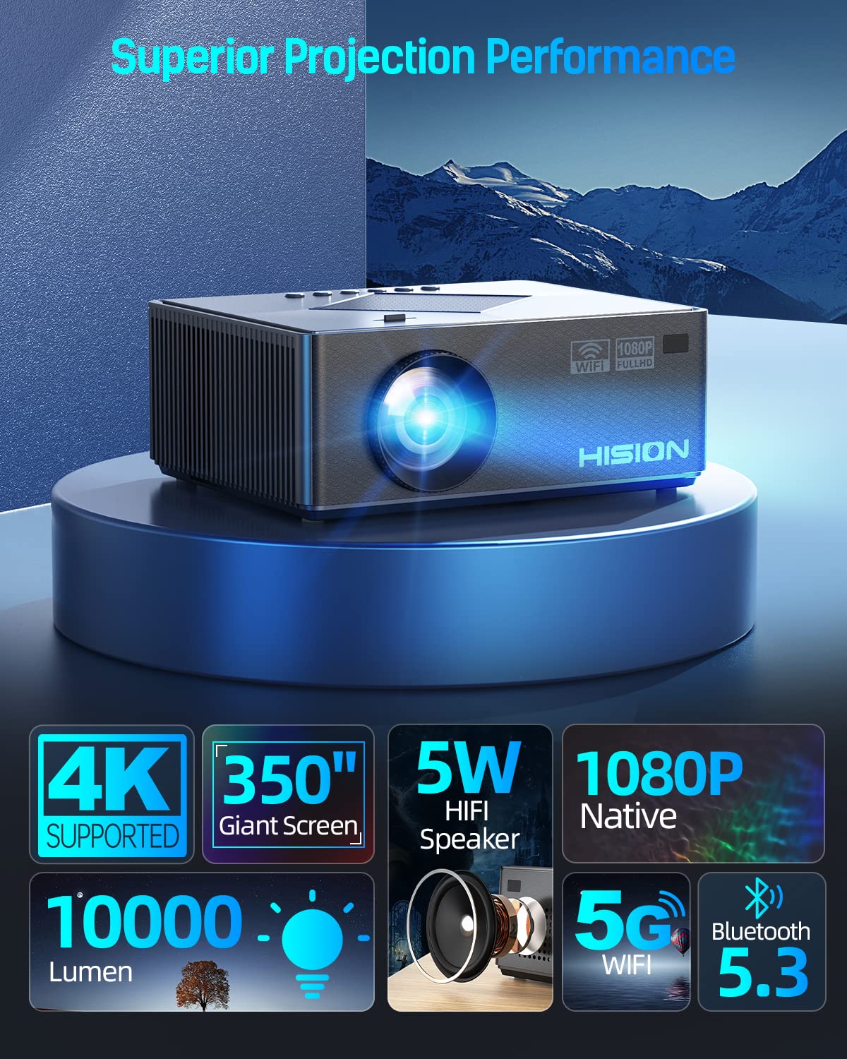 Movie Projector, HISION 5G WiFi Bluetooth Projector Native 1080P Projector 4K Support Oudoor Mini Projector for iPhone Home LED TV Projector Compatible with TV Stick Laptop Tablet PC HDMI USB TF DVD