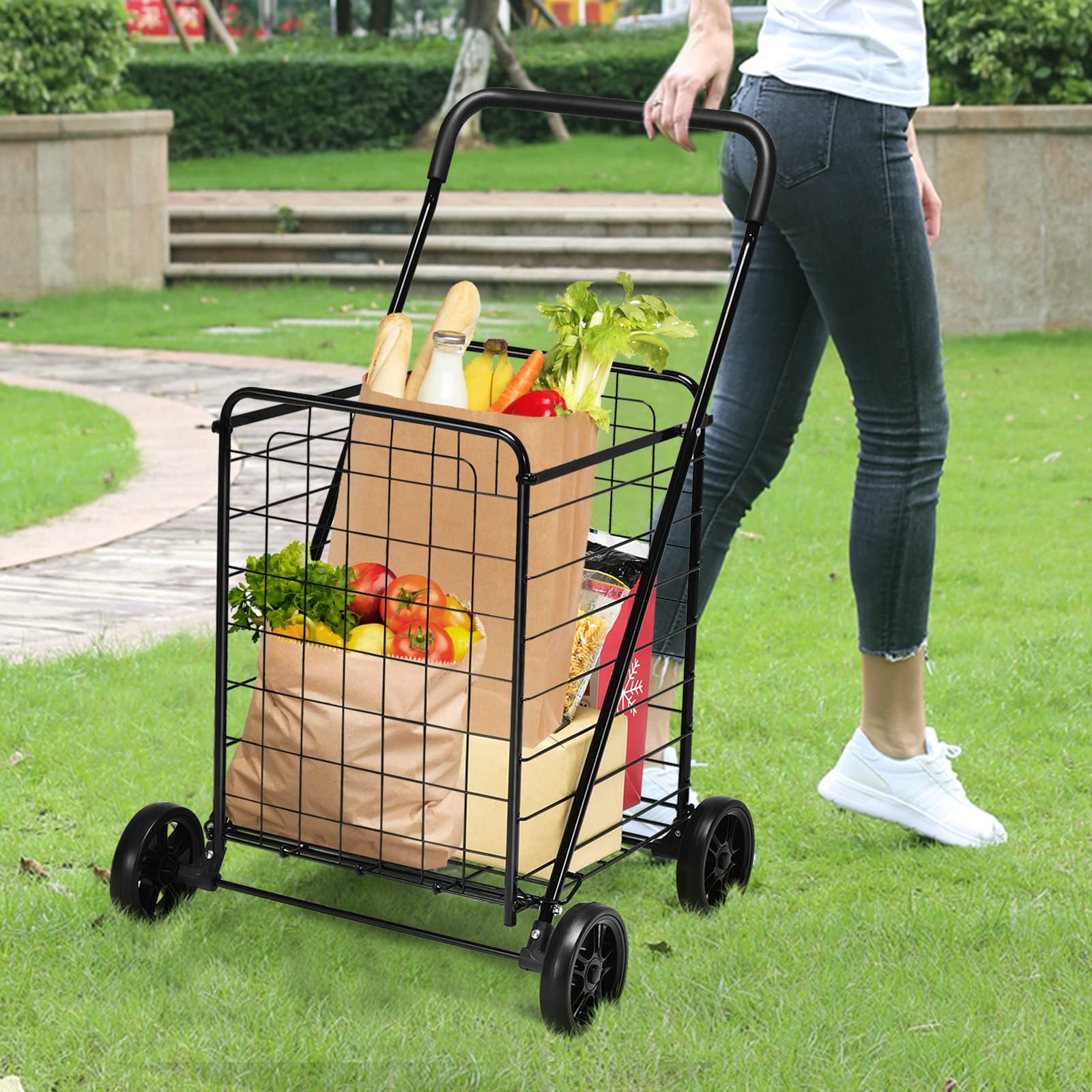 Goplus Shopping Carts for Groceries, Heavy Duty Folding Shopping Cart with Wheels, Portable Collapsible Grocery Cart, Light Weight Foldable Utility Cart for Laundry